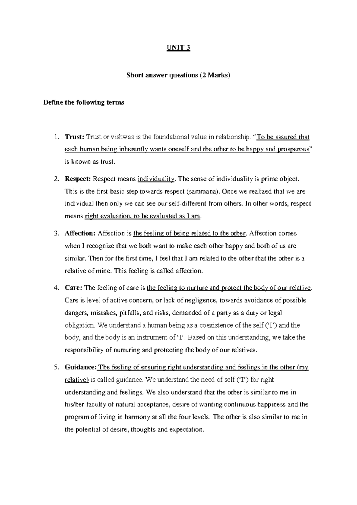 UHV - unit 3 Important Questions for AKTU Exam - UNIT 3 Short answer ...