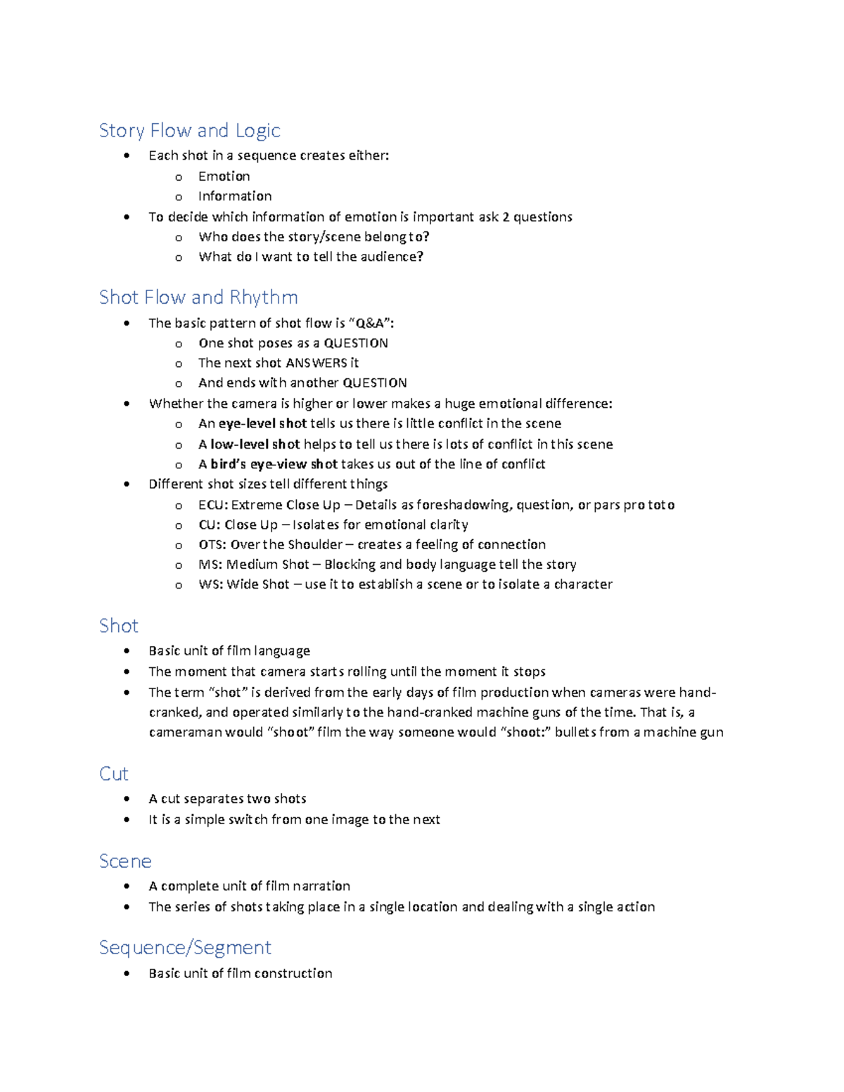 001 Shot Type - Types of shots notes - Story Flow and Logic Each shot ...