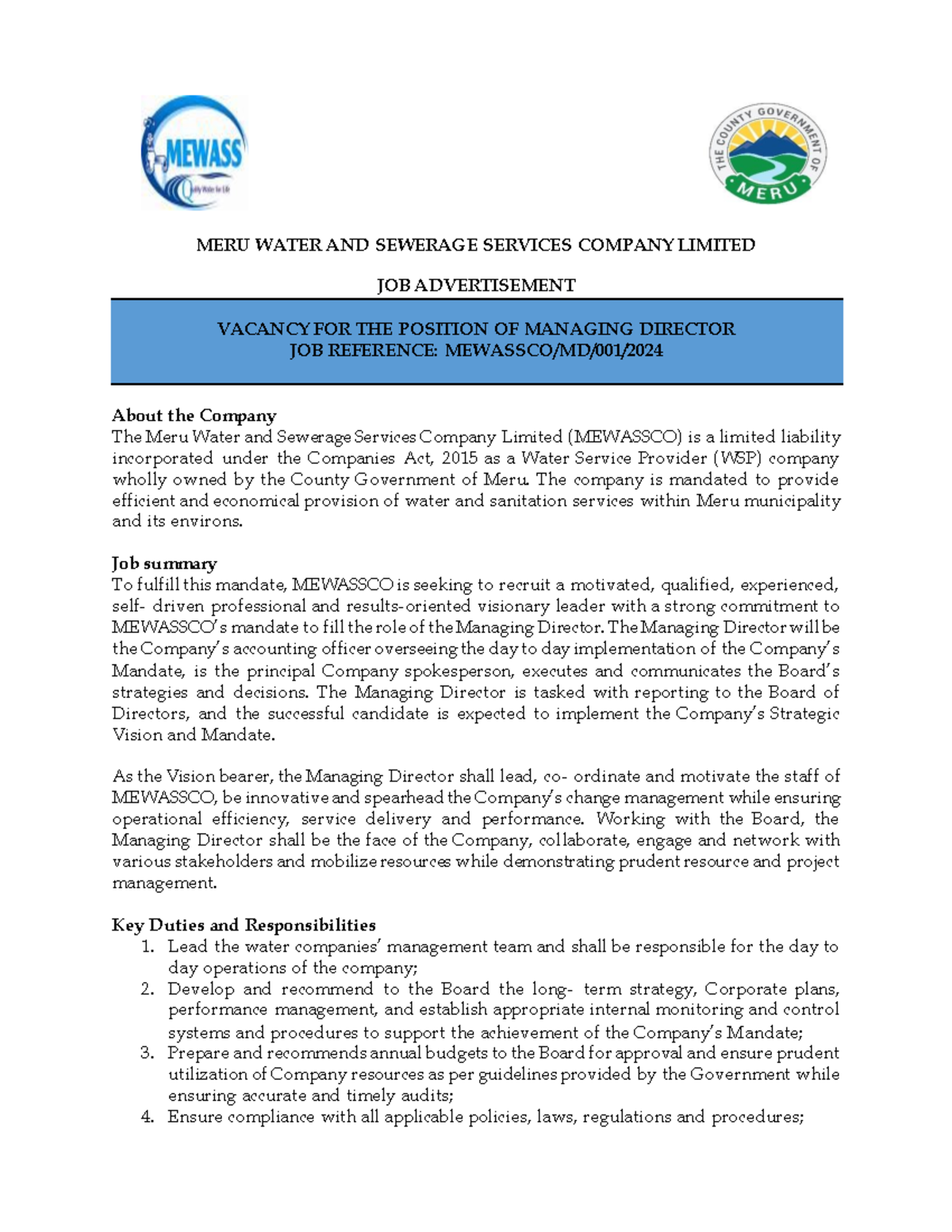 Advert job 2024 March Managing Director - MERU WATER AND SEWERAGE ...