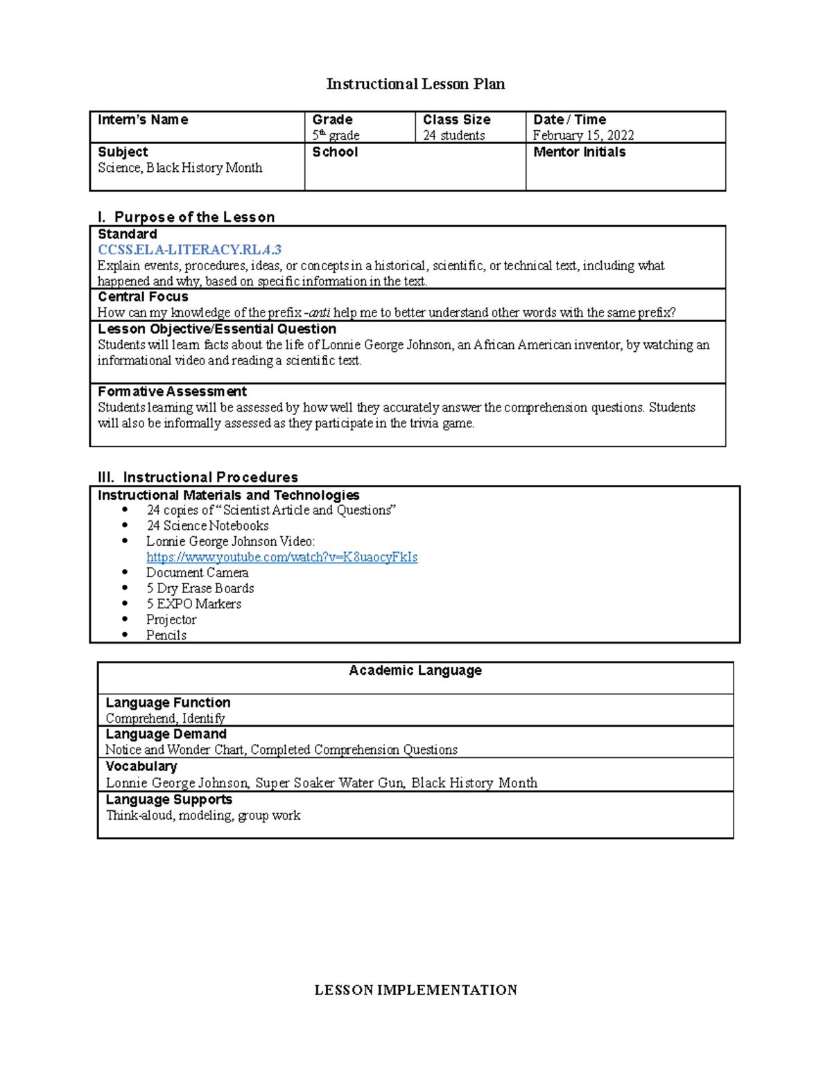 Lonnie George Johnson Plan Price - Instructional Lesson Plan Intern’s ...