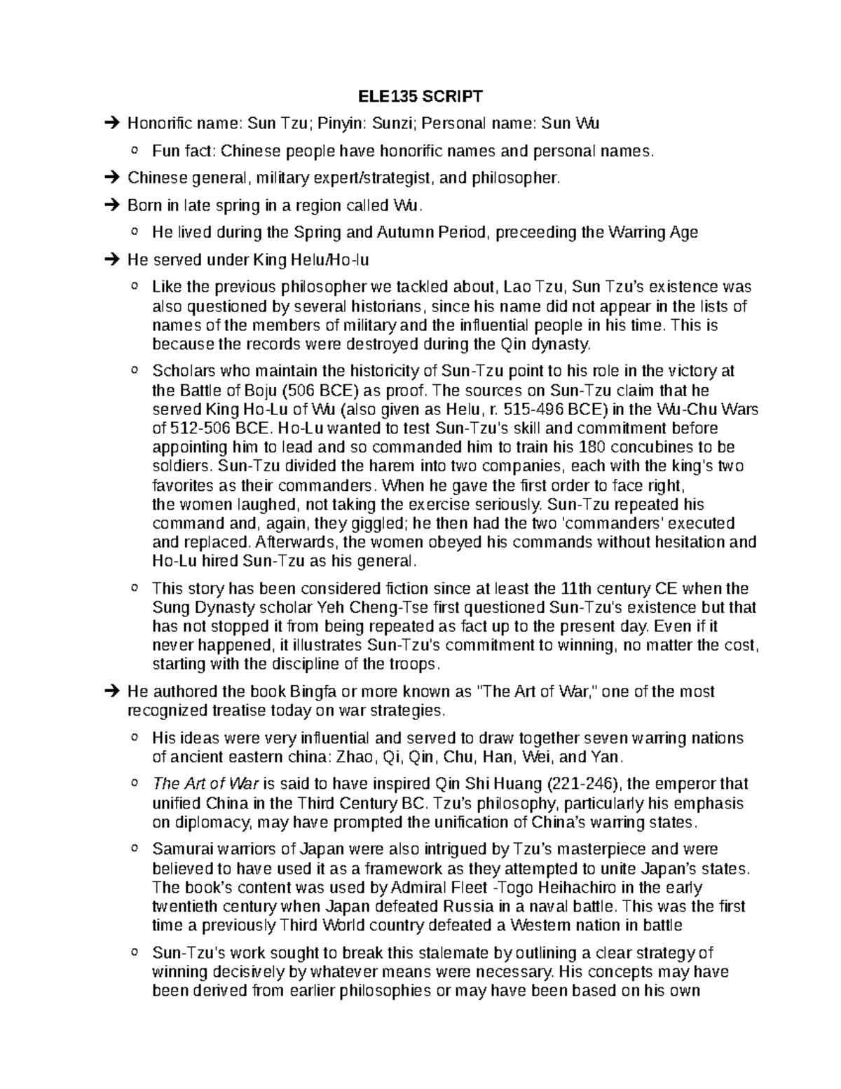 SUN TZU Script - All about Sun Tzu - ELE135 SCRIPT Honorific name: Sun ...