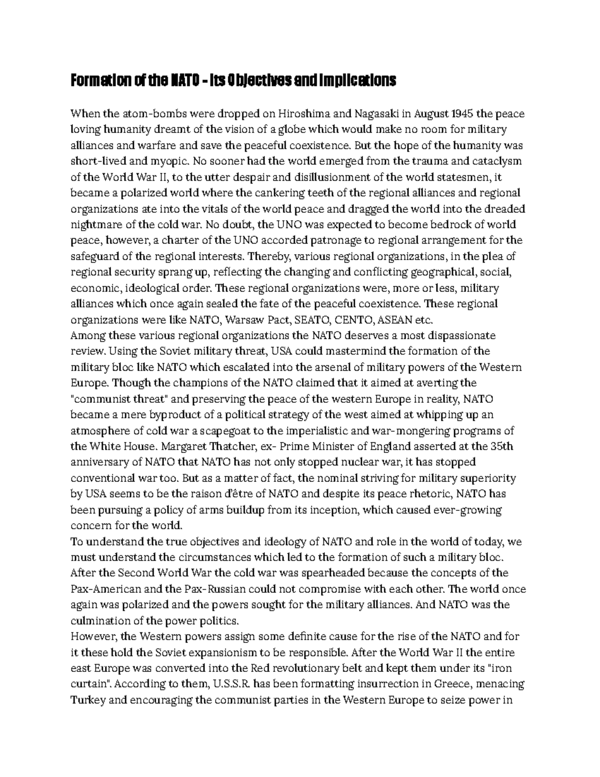 Formation of the NATO - Its Objectives and Implications - But the hope ...