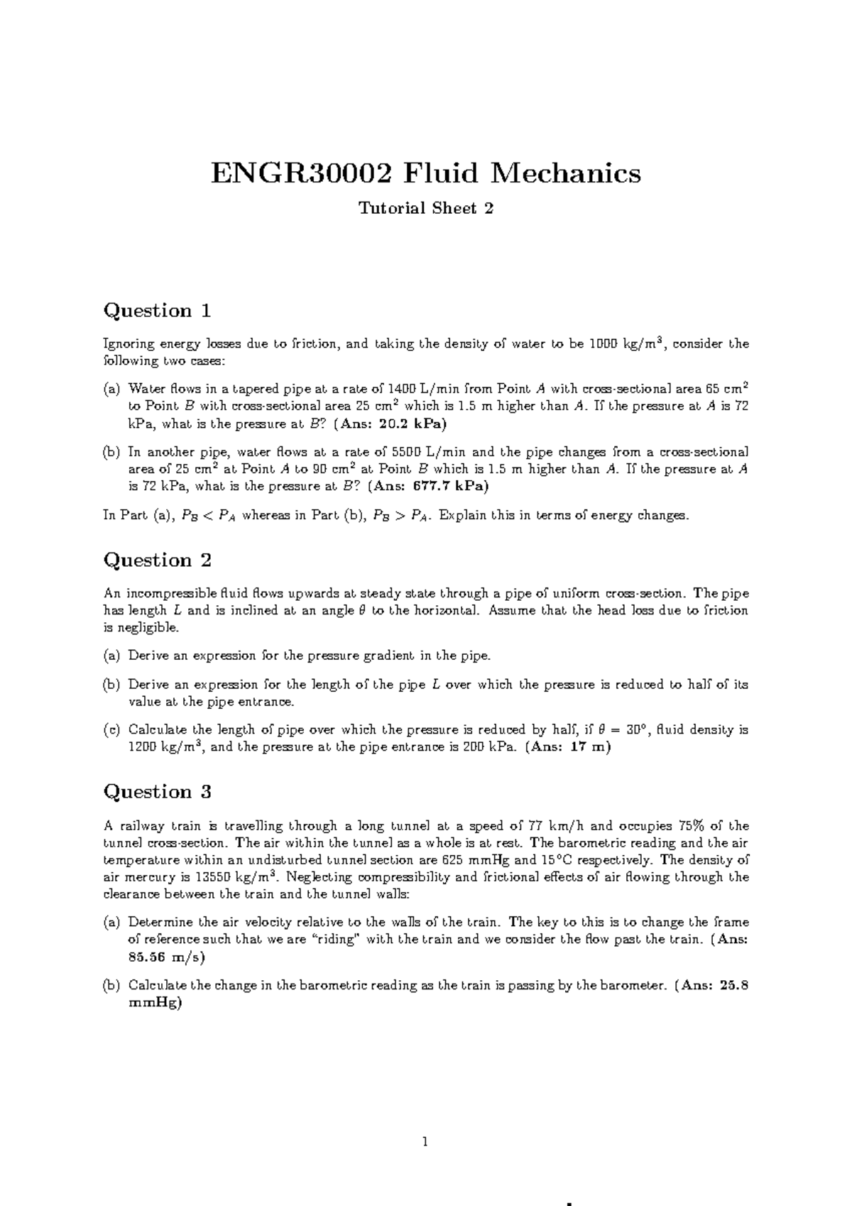 Tutorial 2 Tutorial 2 - ENGR30002 Fluid Mechanics Tutorial Sheet 2 ...