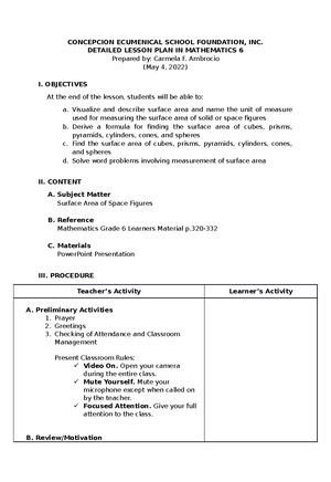 DAY 1 - Lesson Plan in Mathematics 7 in Quarter 4 under week 6 ...