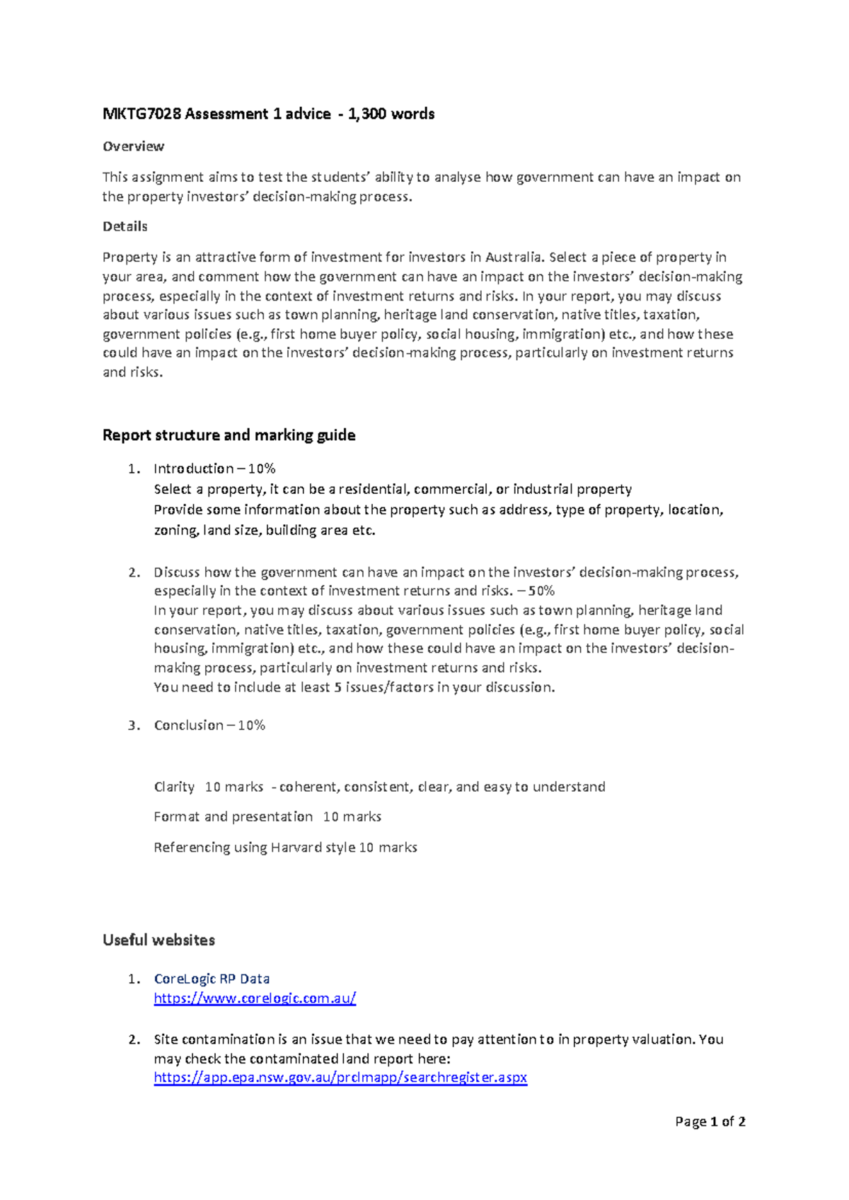 Assignment 40% - Page 1 of 2 MKTG7028 Assessment 1 advice - 1,300 words Overview This assignment ...