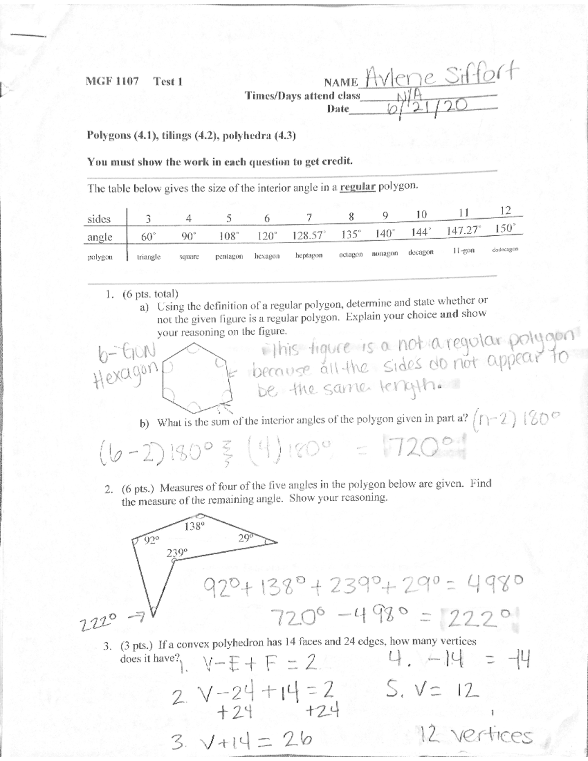 Test 1 MGF1107 - Polygons, Tilings, and Polyhedra - MGF 1107 Test 1 ...