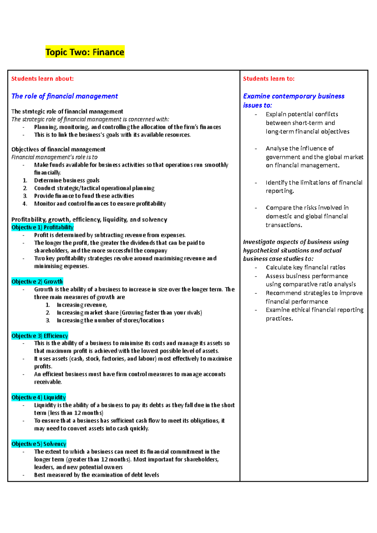 Finance Study Notes - Topic Two: Finance Students learn about: The role ...