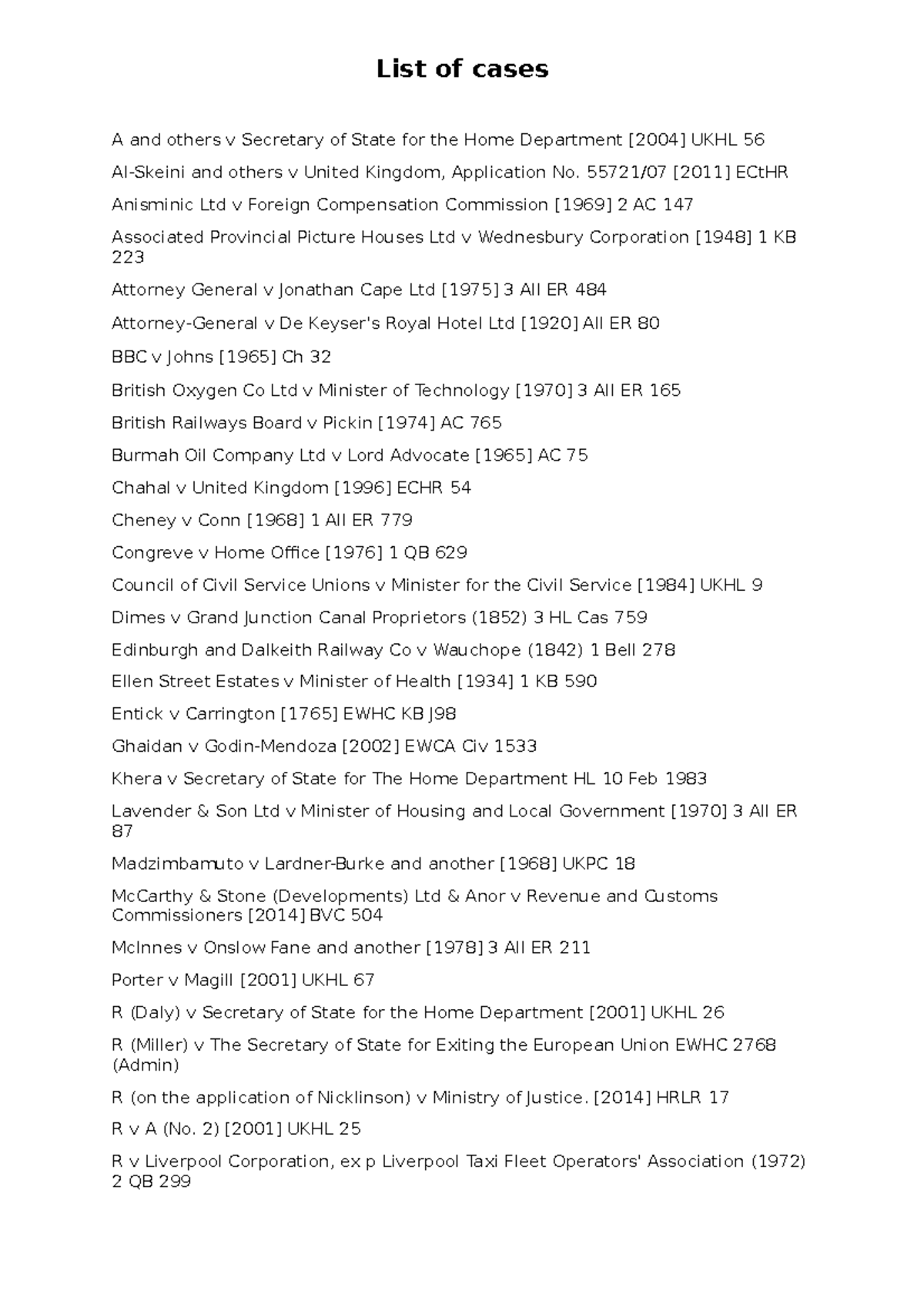 List of cases public law - List of cases A and others v Secretary of ...