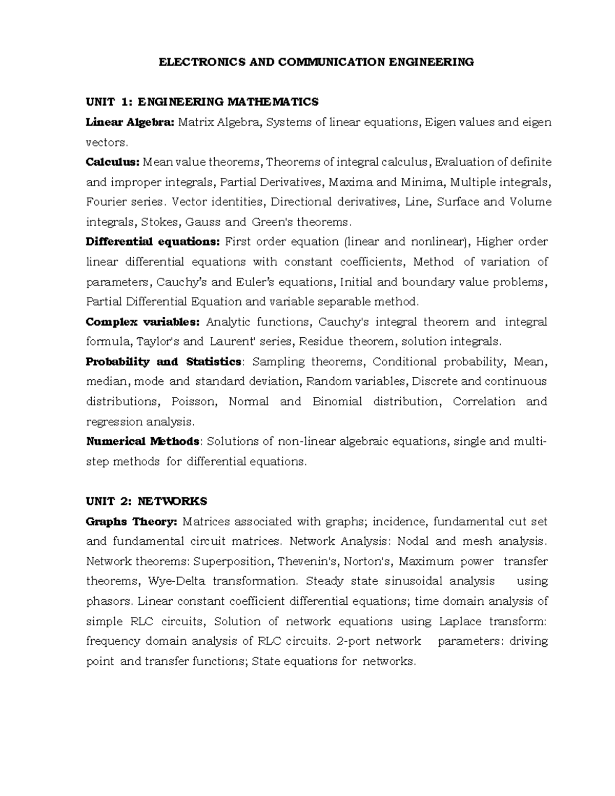 ECE - ELECTRONICS AND COMMUNICATION ENGINEERING UNIT 1: ENGINEERING MATHEMATICS Linear Algebra ...