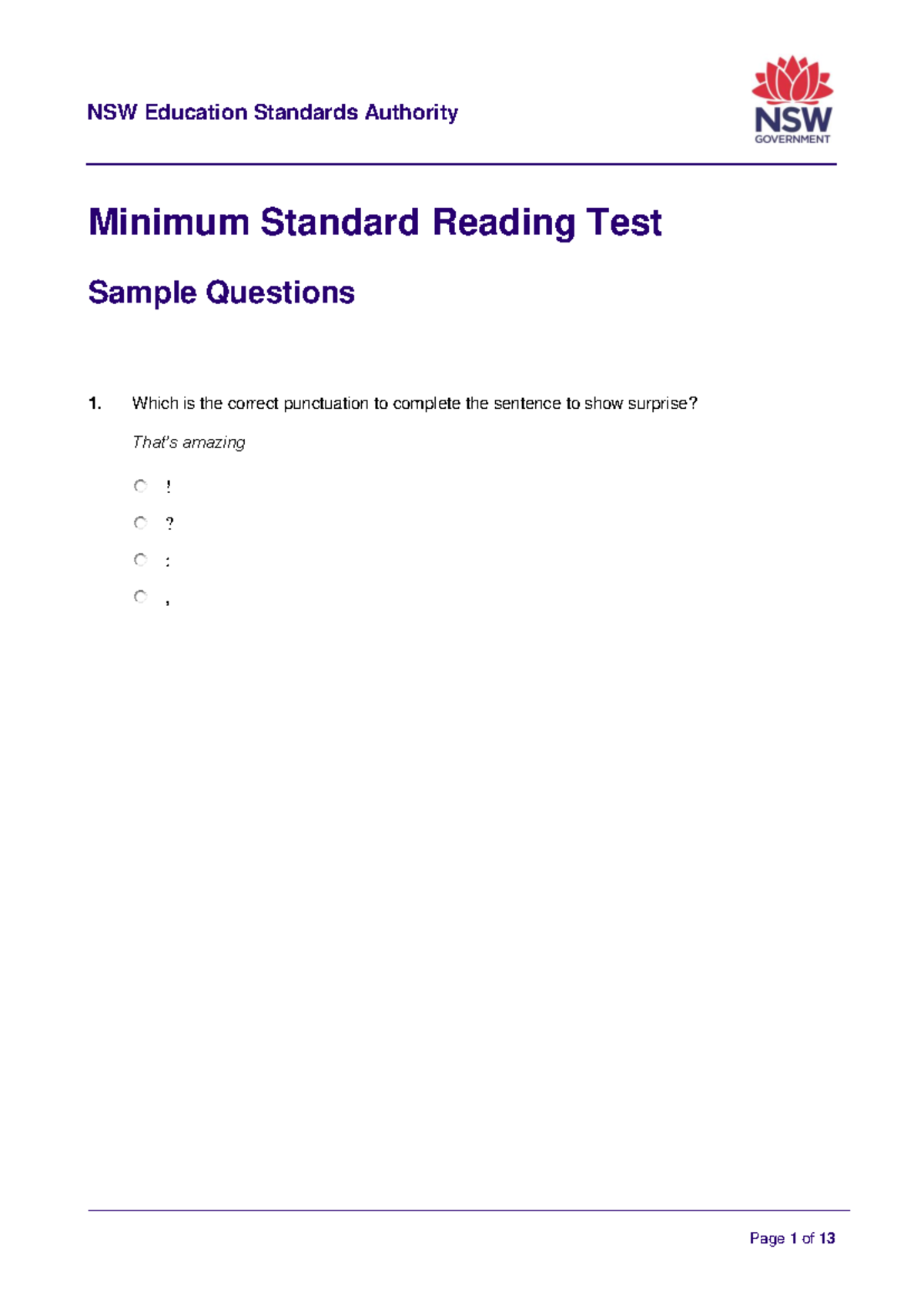 Sample reading test questions - NSW Education Standards Authority ...