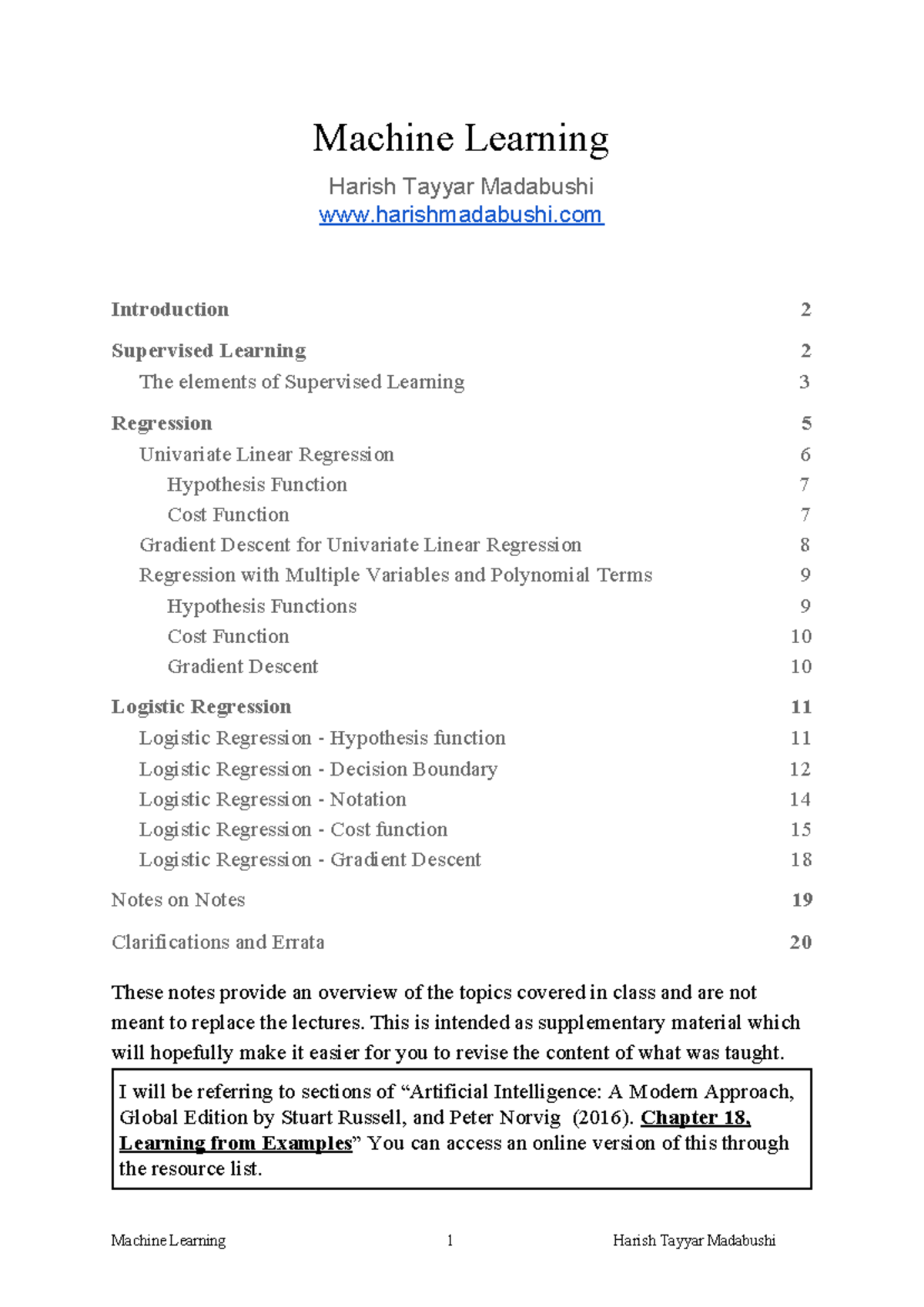 Machine Learning Notes V2 - Machine Learning Harish Tayyar Madabushi ...