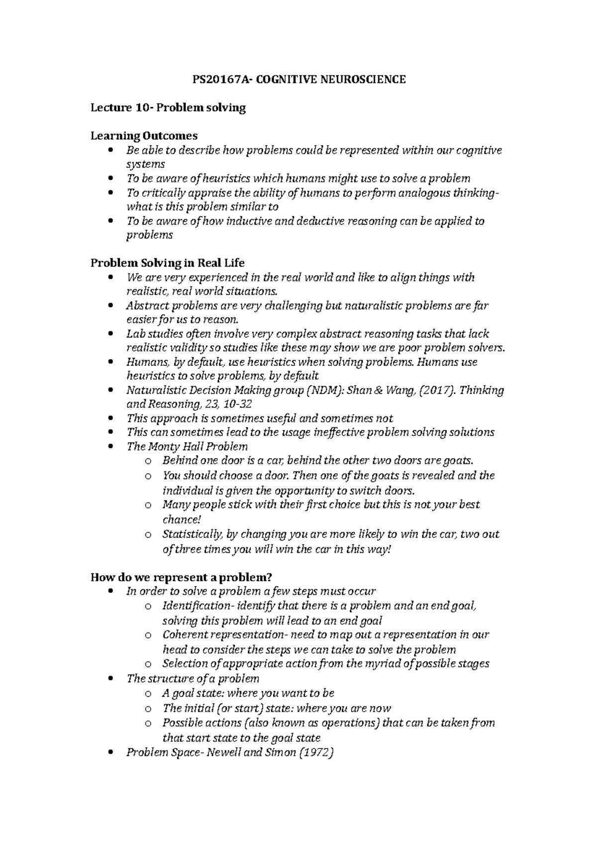 Lecture 10 Problem Solving Ps20167a Cognitive Neuroscience Lecture