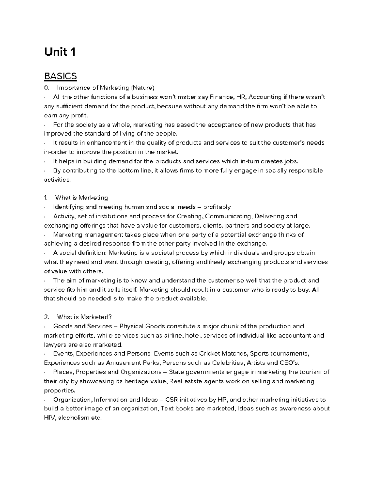 Marketing Management notes - Unit 1 BASICS 0. Importance of Marketing ...