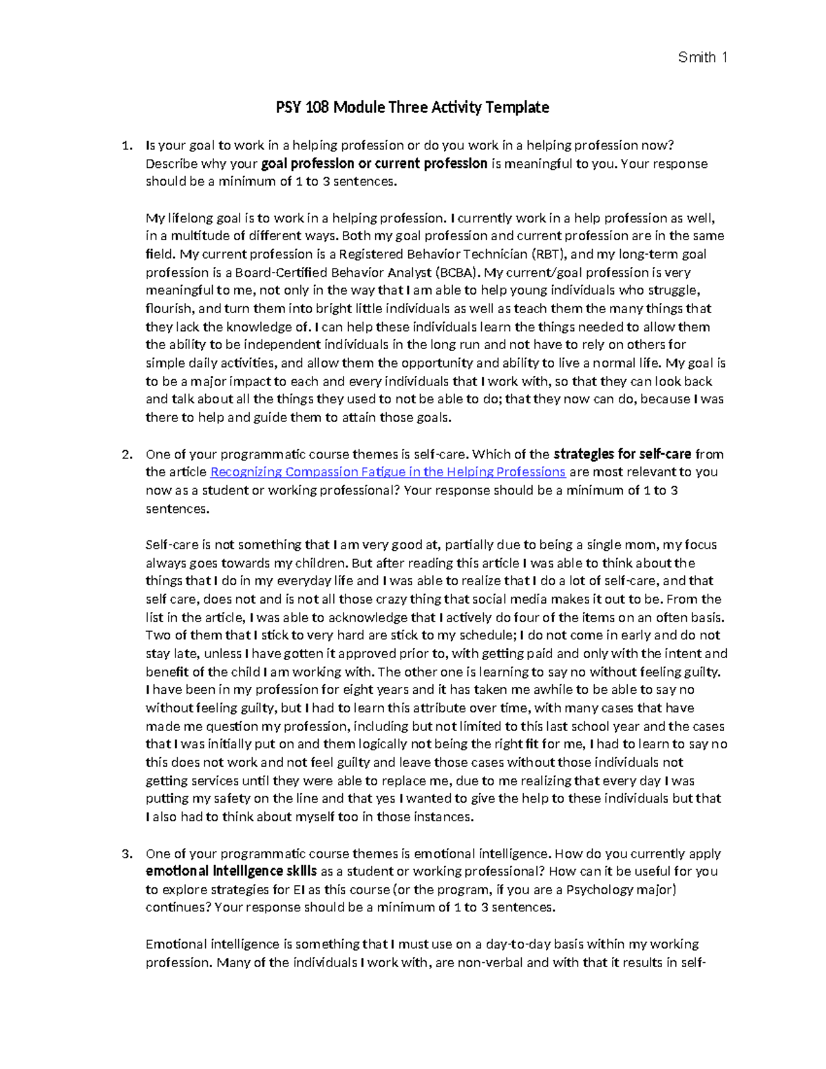 Module Three Activity - Assignment - Smith 1 PSY 108 Module Three ...