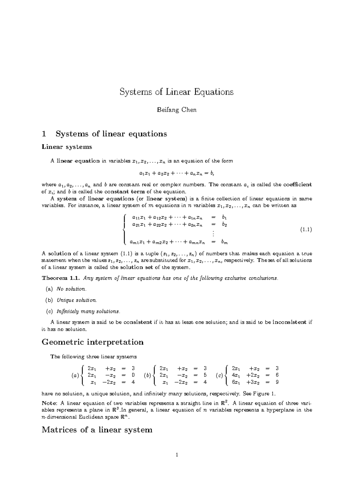 Linear Algebra 1 - Systems of Linear Equations Beifang Chen 1 Systems ...