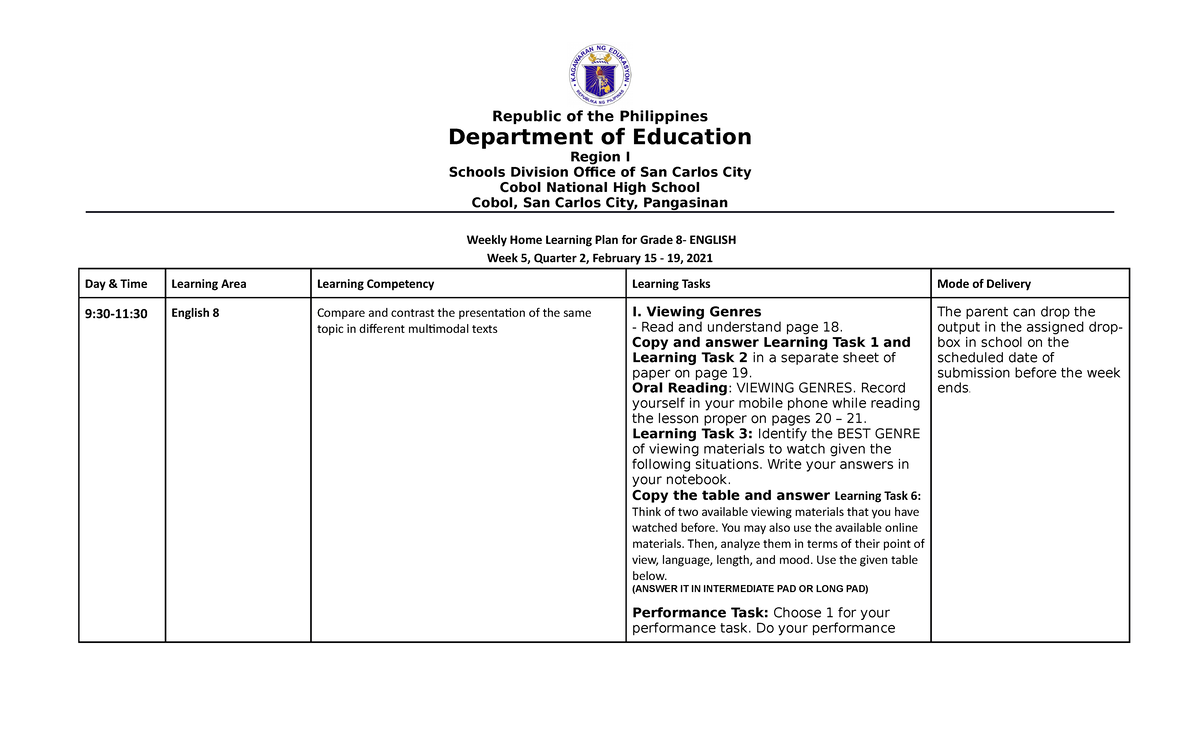 Weekly Home Learning Plan English 8Q2 M5 - Republic of the Philippines ...