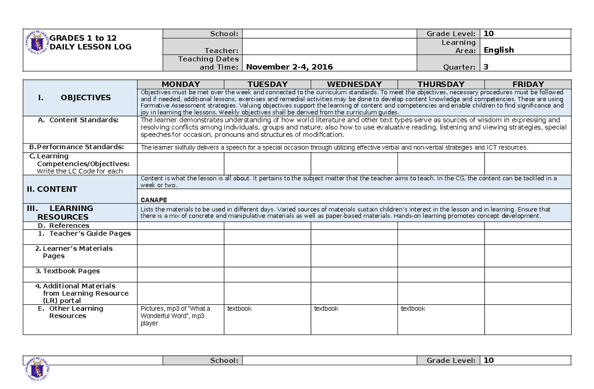 Grades 1 to 12 Daily Lesson LOG Objectiv - GRADES 1 to 12 DAILY LESSON ...