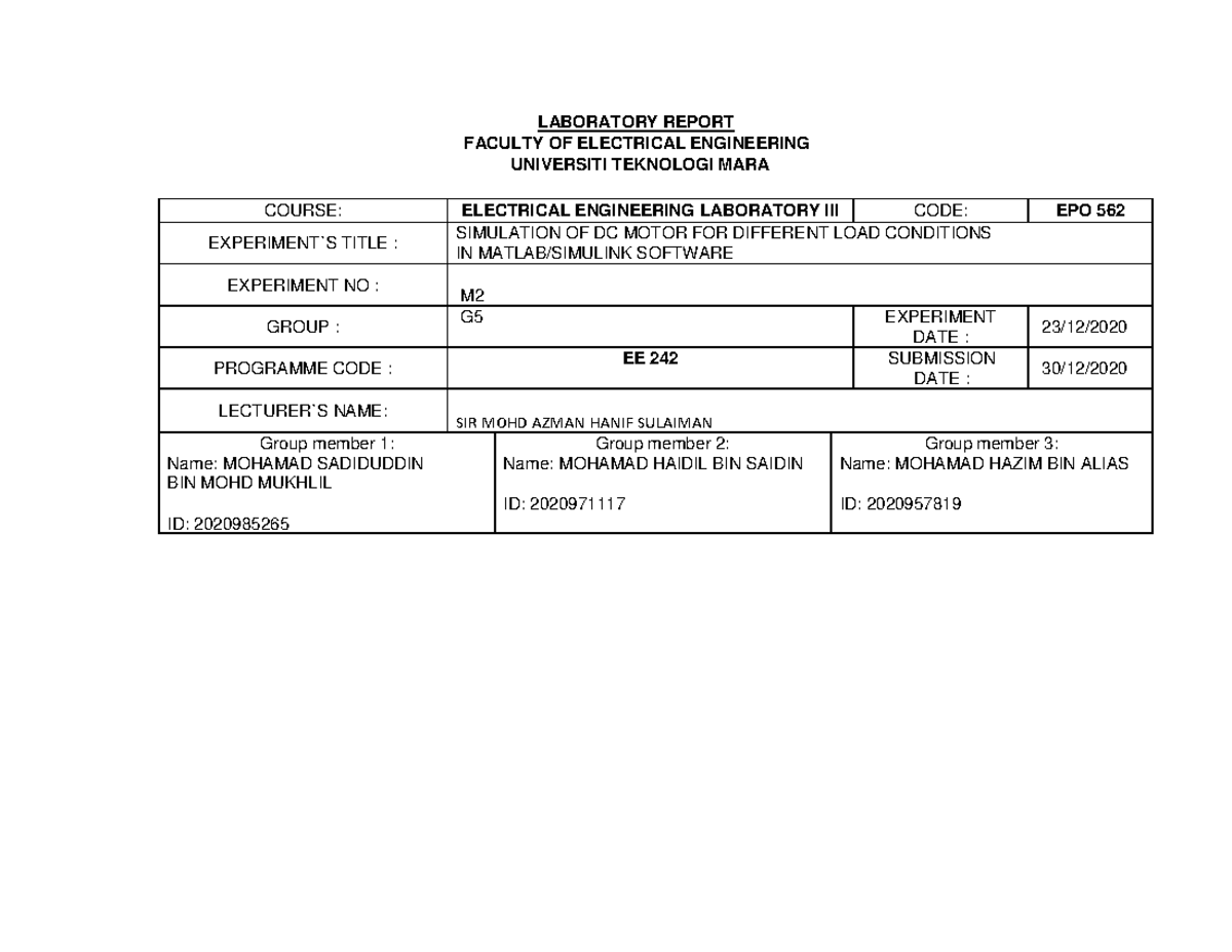 EPO562 M2 G5 LAB Reportdvdvadvdvda - LABORATORY REPORT FACULTY OF ...