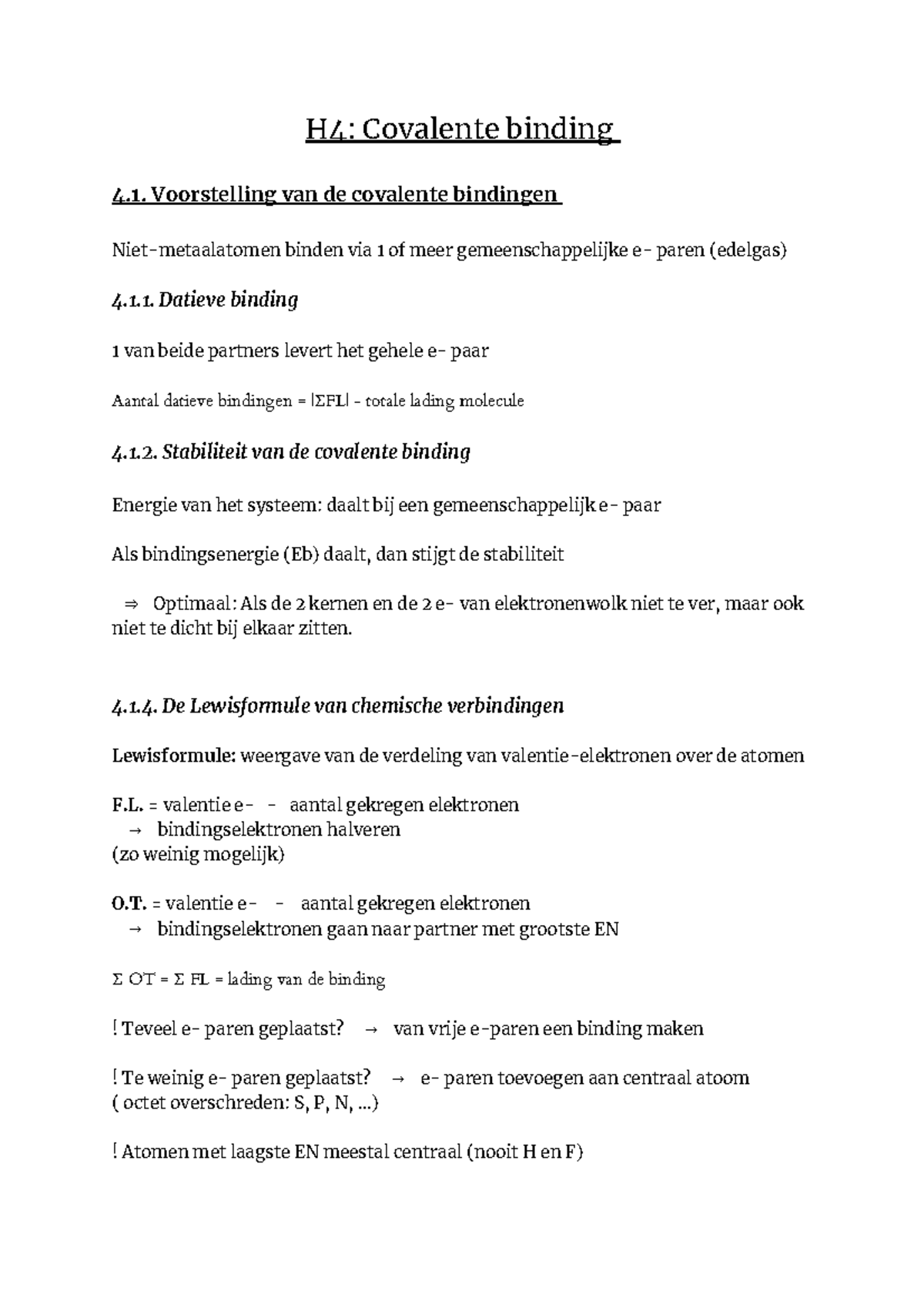 H4 Covalente binding - Voorstelling van de covalente bindingen Niet ...