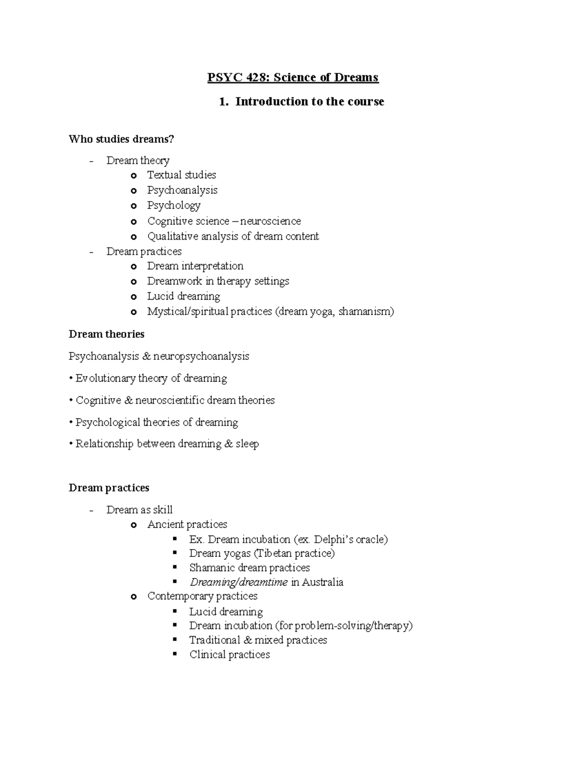 Introduction Notes Dreams Lecture 1 Psyc 428 Psyc 428 Science Of Dreams 1 Introduction To