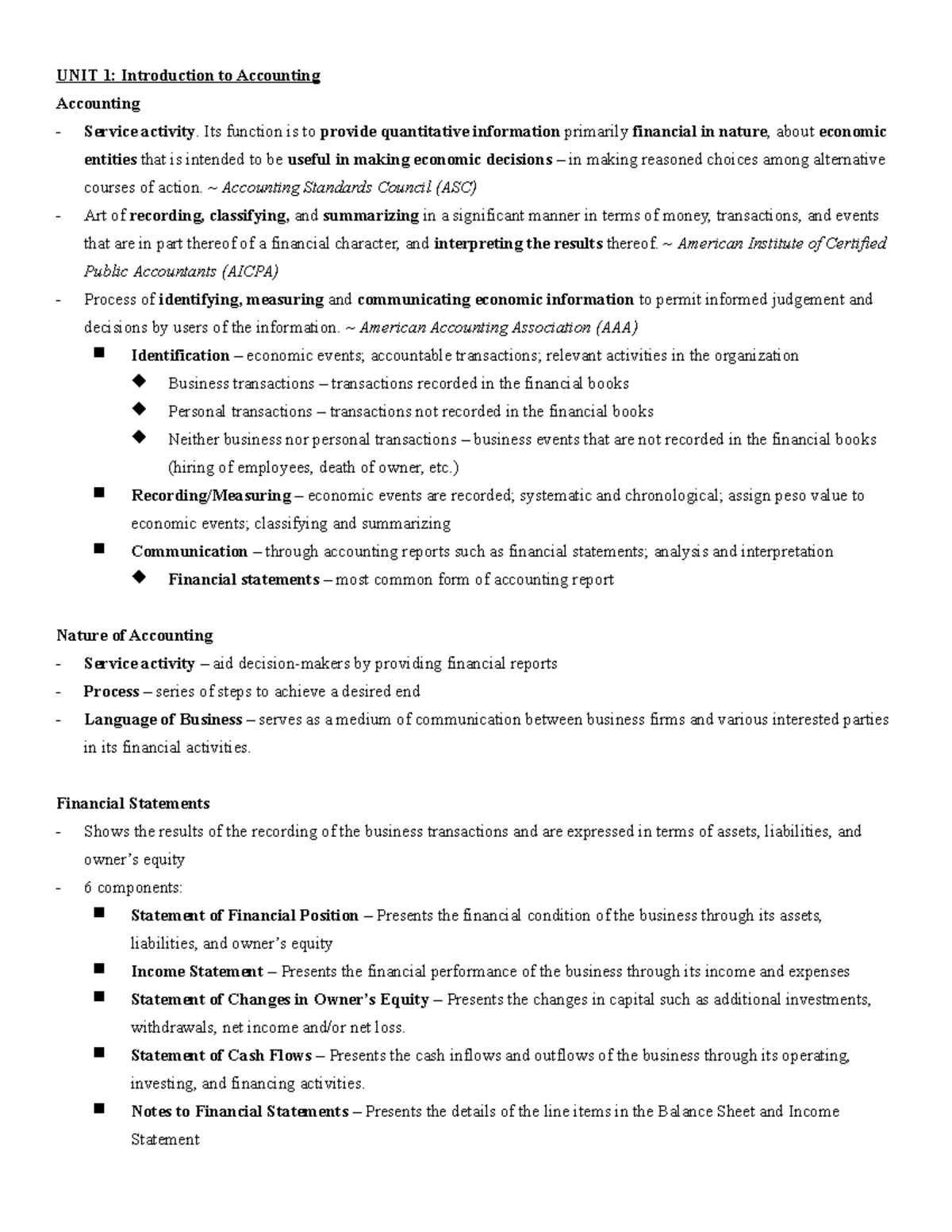 Actbas 1-reviewer - basic accounting - UNIT 1: Introduction to ...