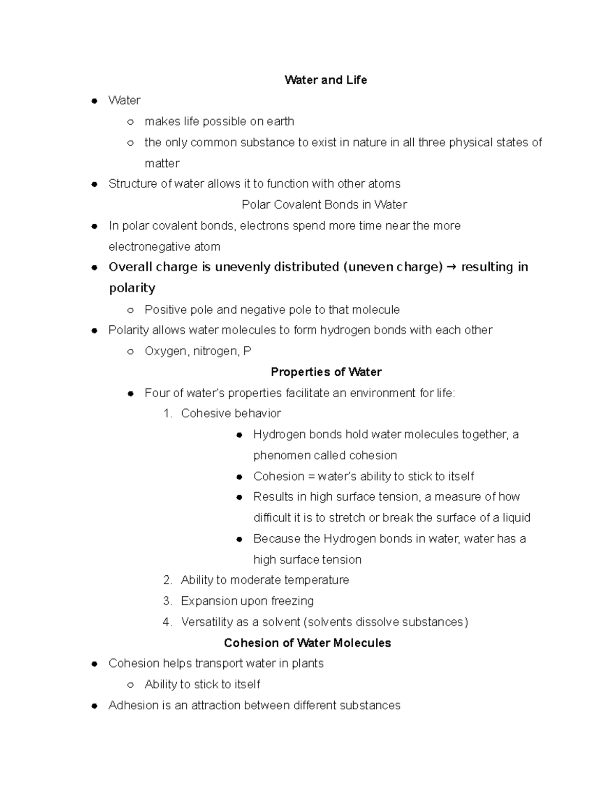 Biology 1 For Science Majors - Water and Life Water makes life possible ...