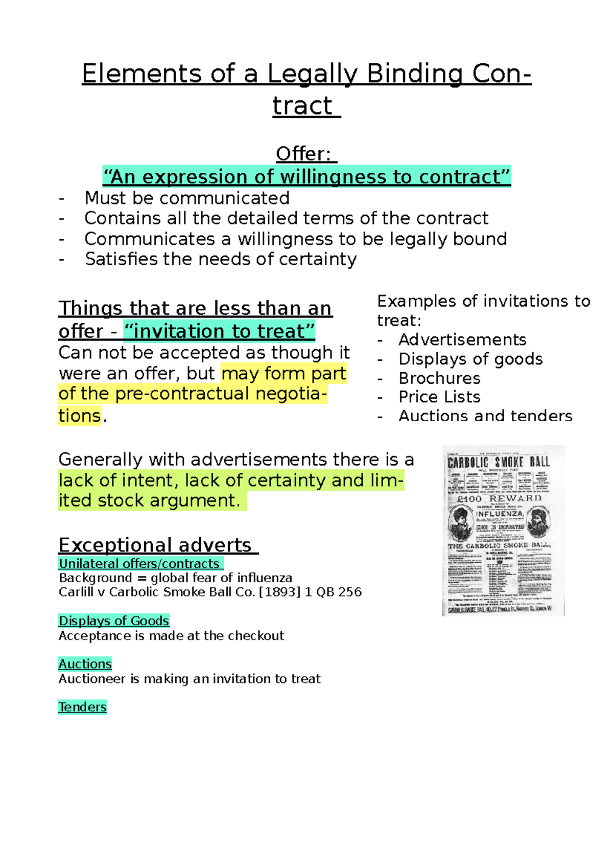 Lecture Notes, Lecture 1, Elements of a Legally Binding Contract ...