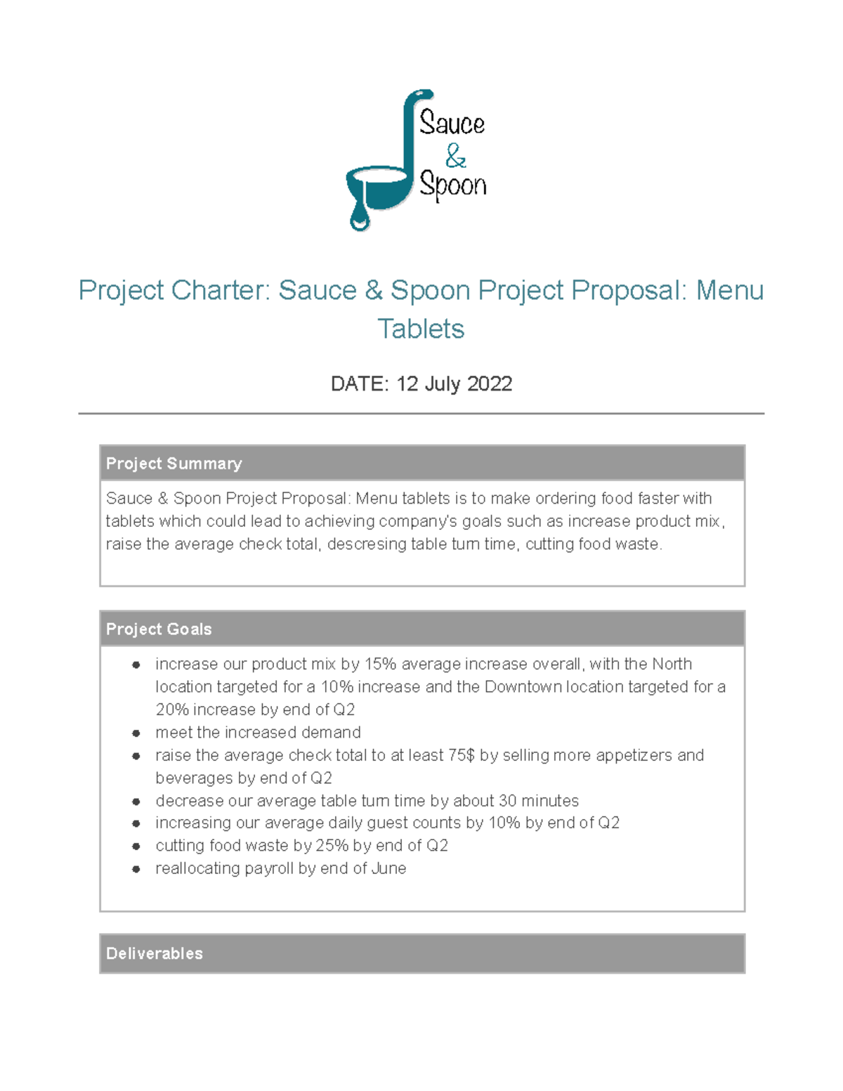 Activity Template Project Charter - Project Charter: Sauce & Spoon ...