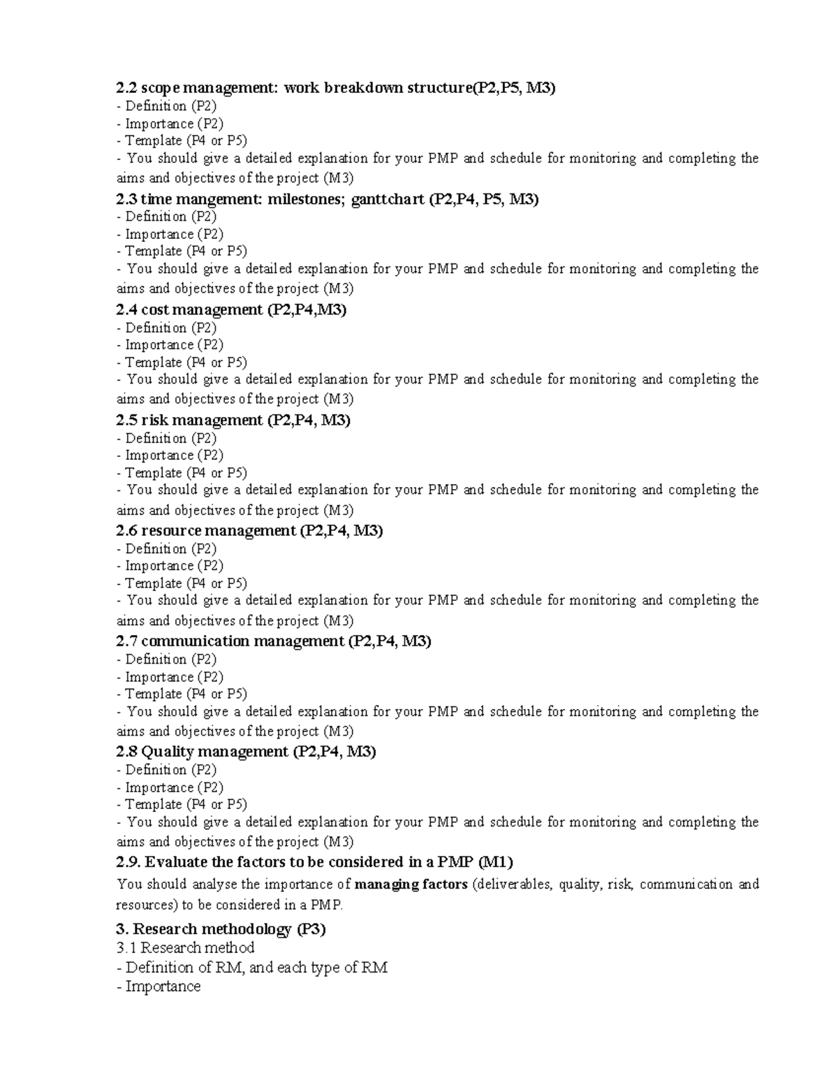 Outline A1 - 2 scope management: work breakdown structure(P2,P5, M3) - Definition (P2 ...