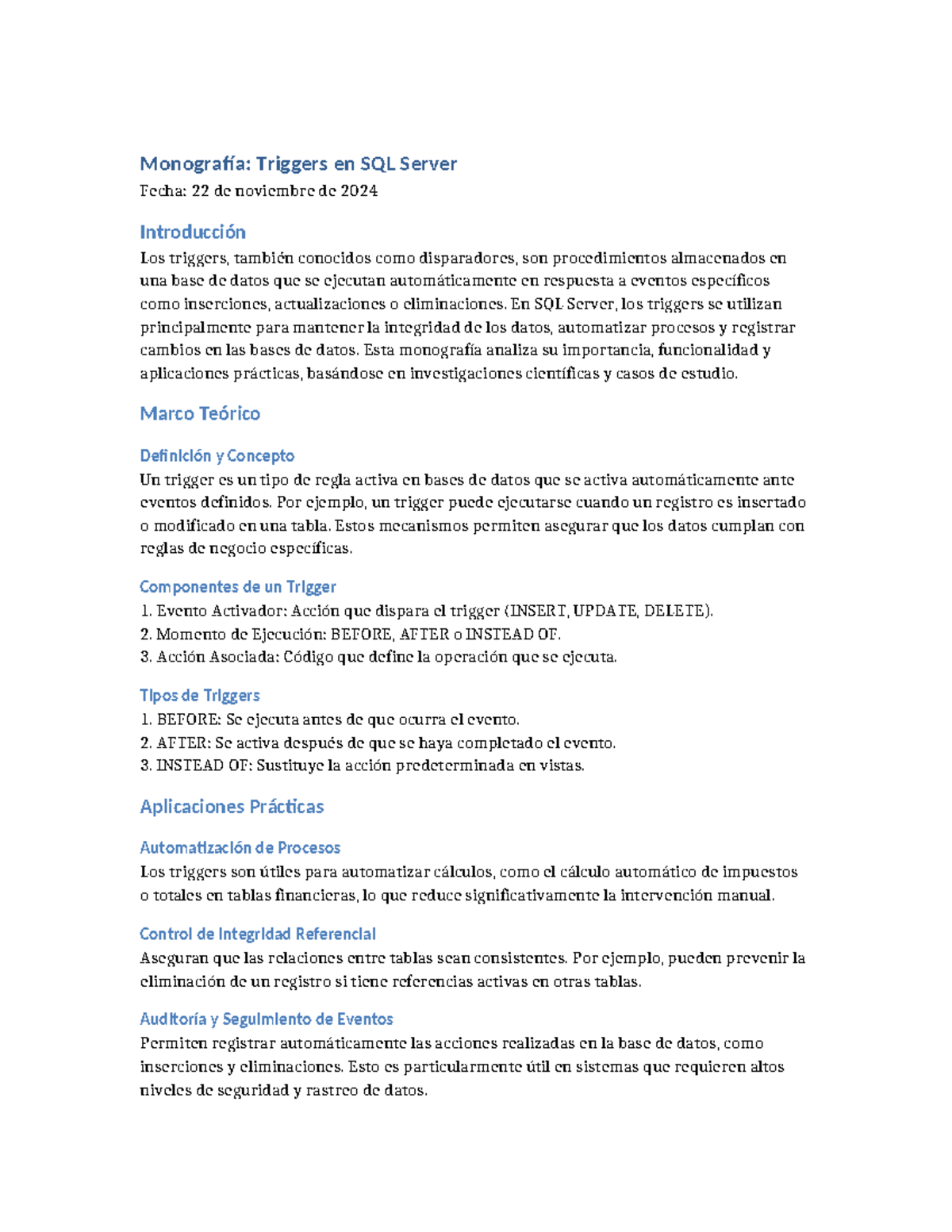 Monografia Triggers SQL Server - Monografía: Triggers en SQL Server Fecha: 22 de noviembre de ...