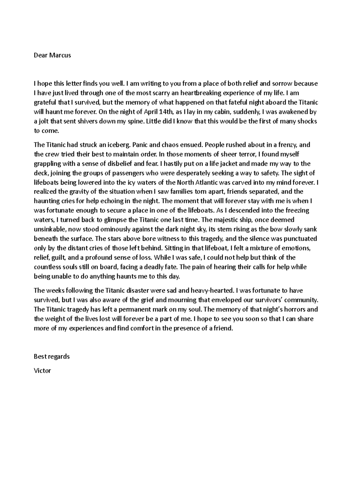 Letter About Titanic - fik 12 - Dear Marcus I hope this letter finds ...