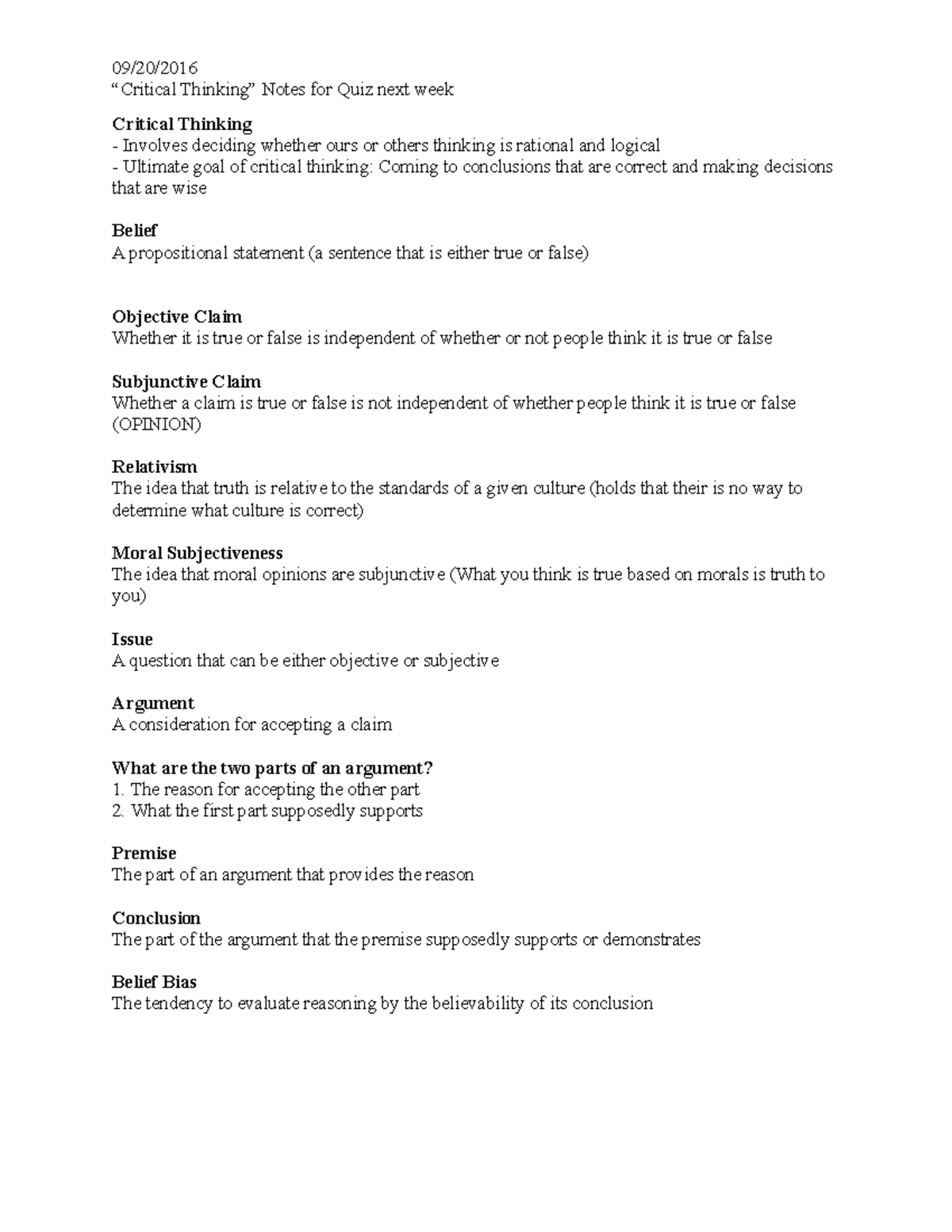 Critical Thinking Notes 2016 - 09/20/ “Critical Thinking” Notes for ...
