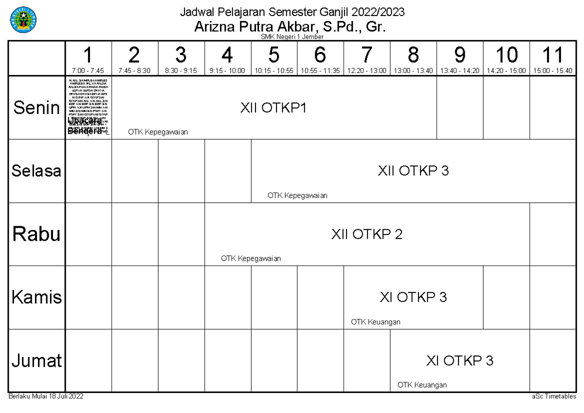 Jadwal Arizna - SMK Negeri 1 Jember Berlaku Mulai 18 Juli 2022 aSc Timetables XII OTKP OTK - Studocu