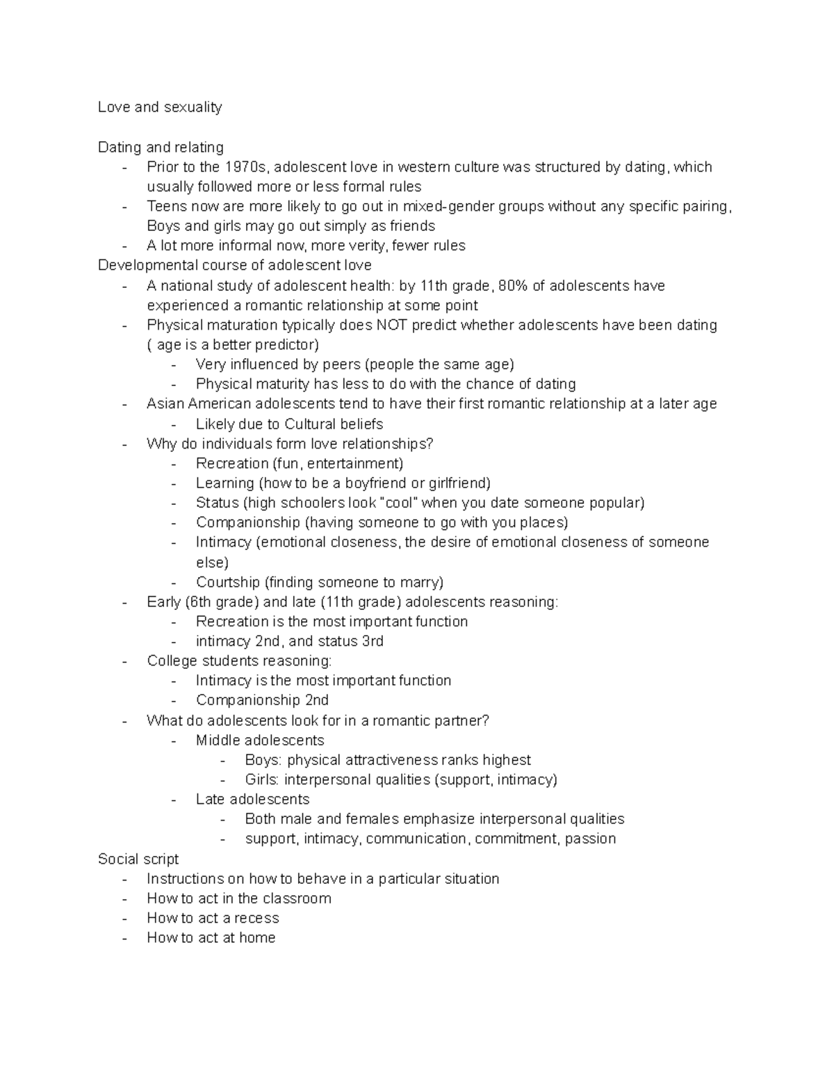 Chapter 9 in class notes - Love and sexuality Dating and relating ...