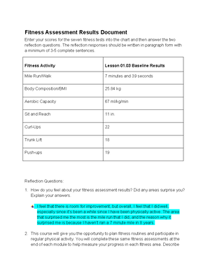 Fitness assessment results - The reflection responses should be written ...