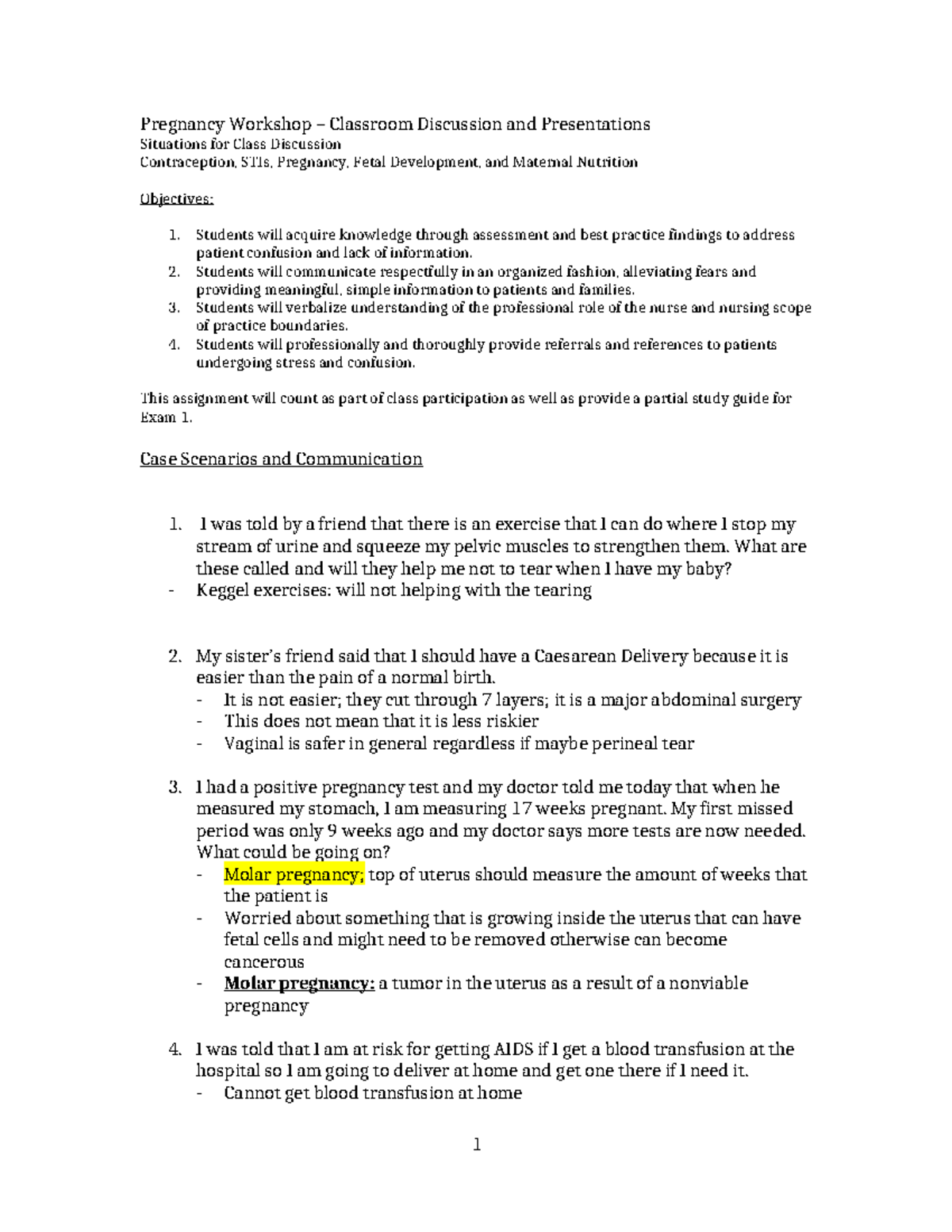 Exam 1 Workshop Scenarios OB PEDS - Pregnancy Workshop – Classroom ...