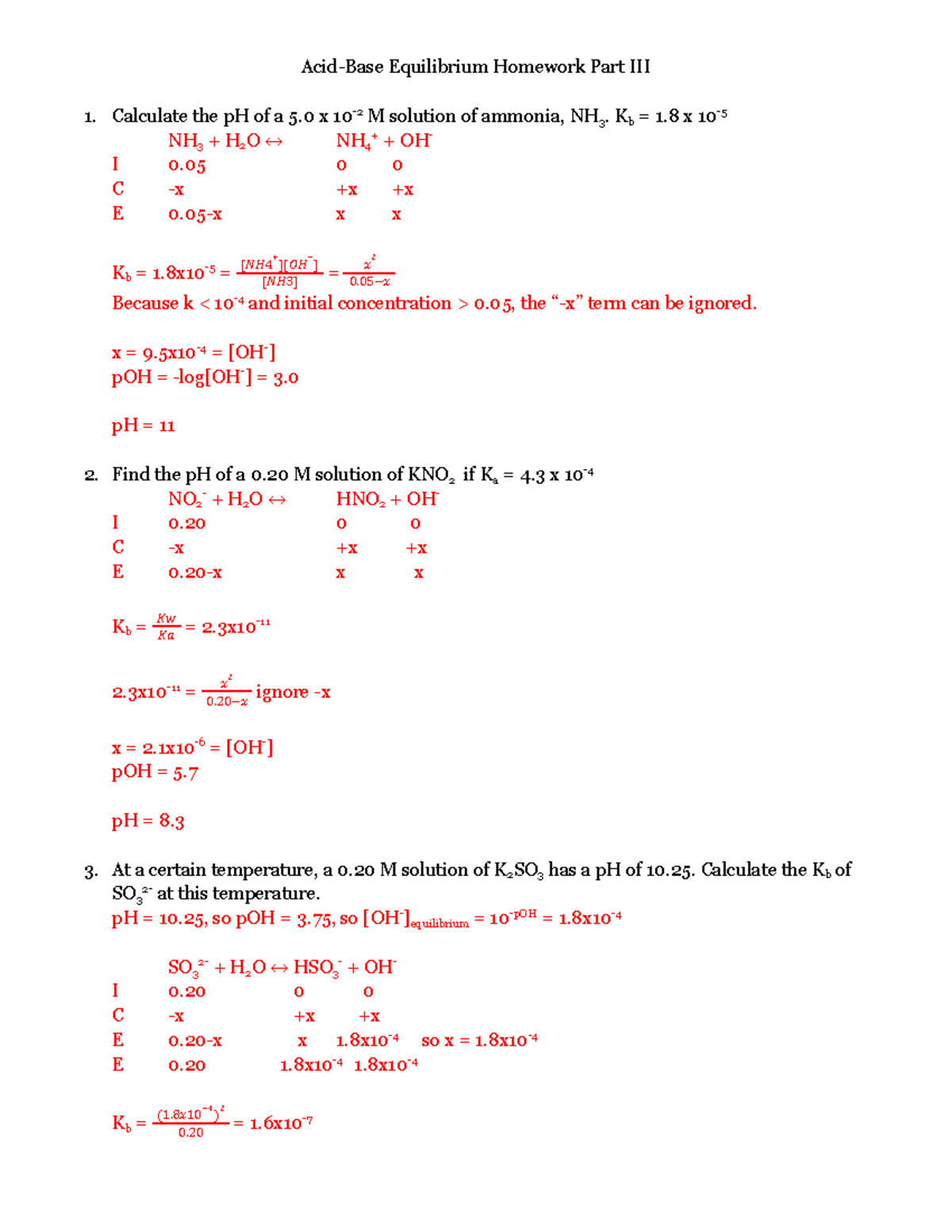 Acid:Base Equilibrium Key - Acid-Base Equilibrium Homework Part III ...