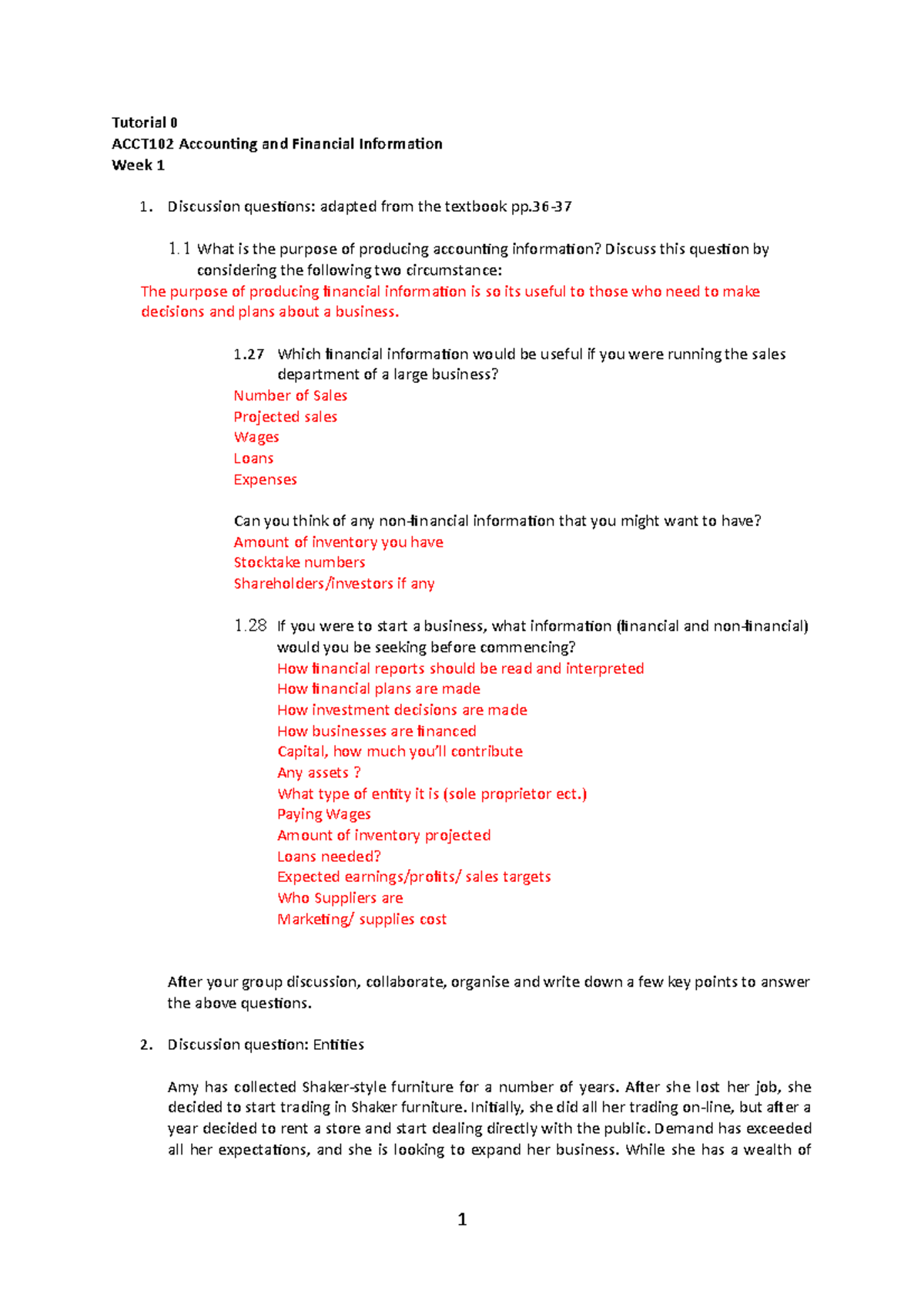 ACCT102 T0 - Tutorial 0 ACCT102 Accounting and Financial Information Week 1 Discussion questions ...
