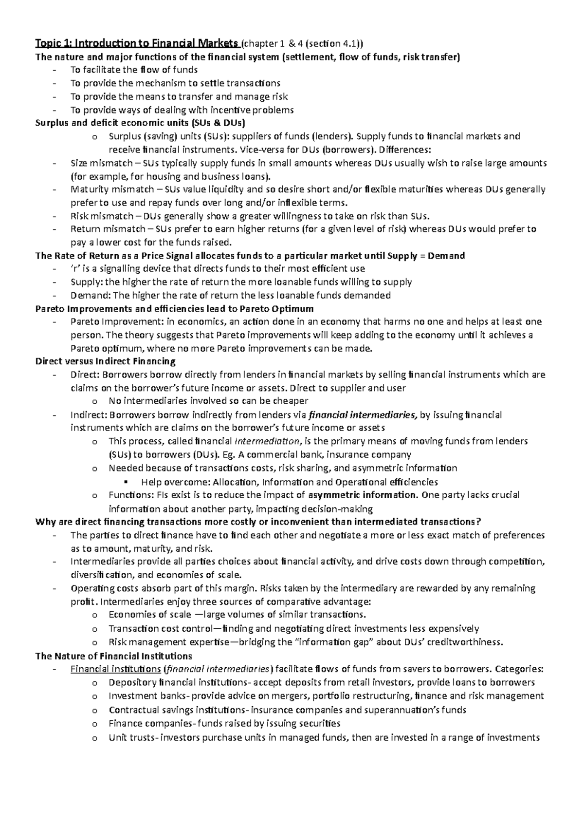 FIN exam - Exam notes - Topic 1: Introduction to Financial Markets ...