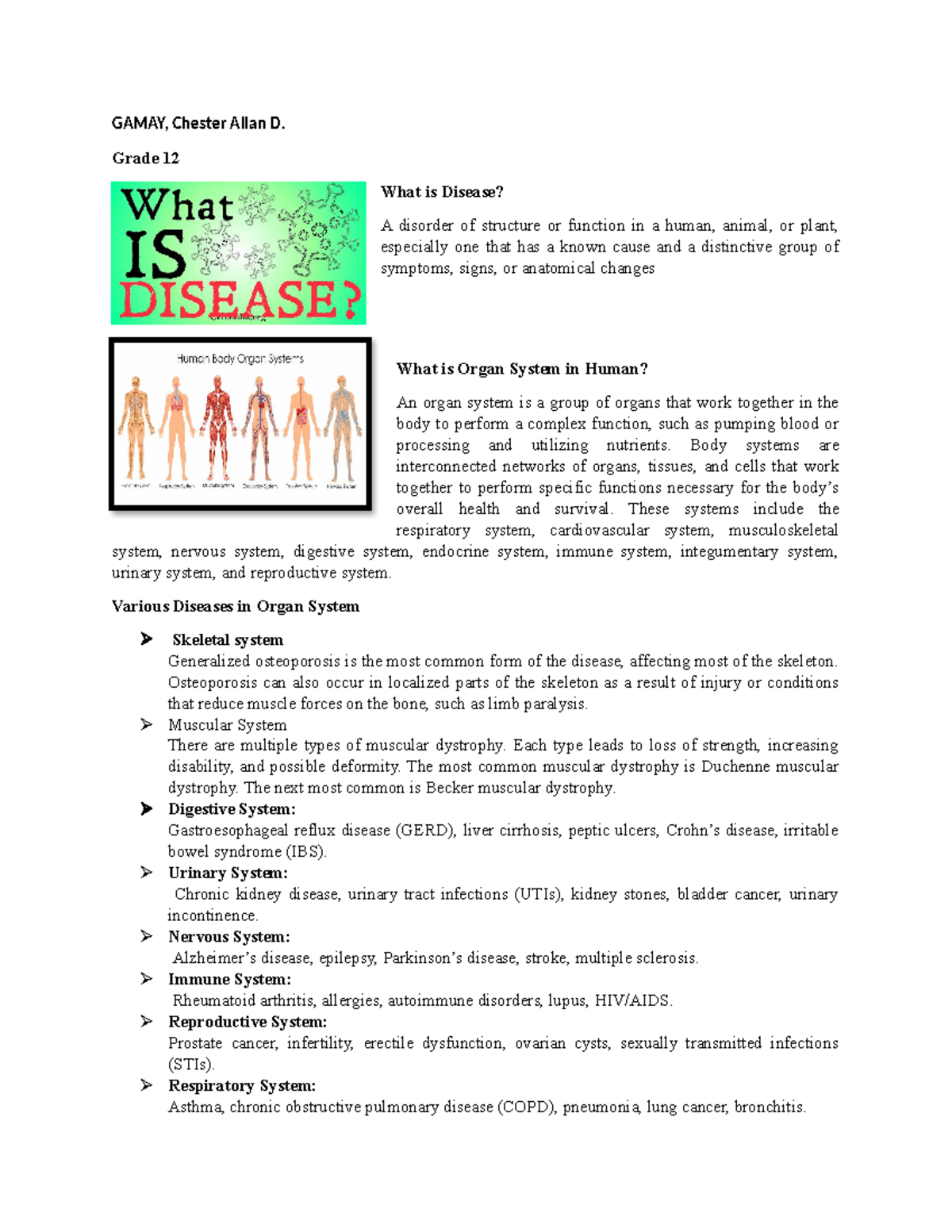 Disease Organ System Presentation - GAMAY, Chester Allan D. Grade 12 ...