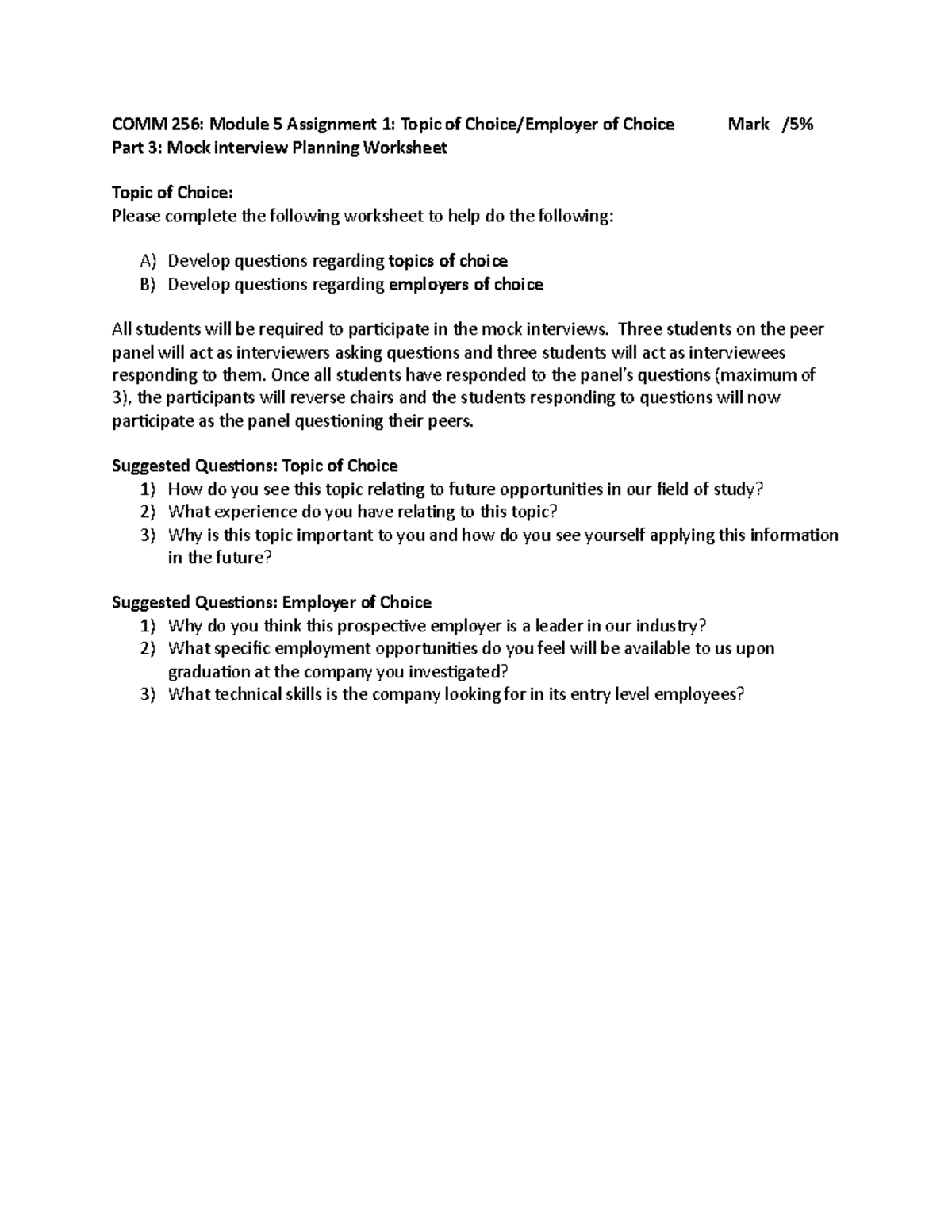 Module 5 Assignment Option 2 Mock Interview with Marking Criteria ...