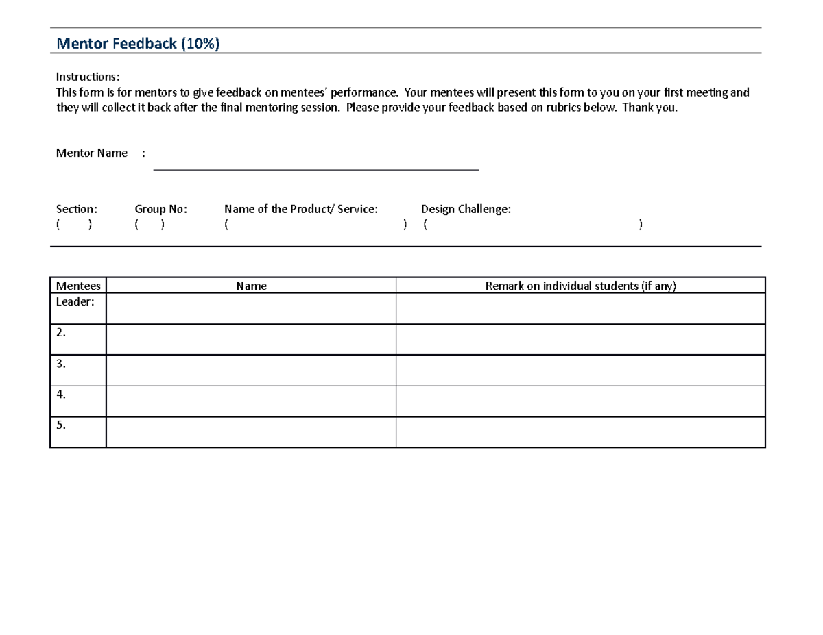 1-Mentor Feedback Rubric - Mentor Feedback (10%) Instructions: This ...