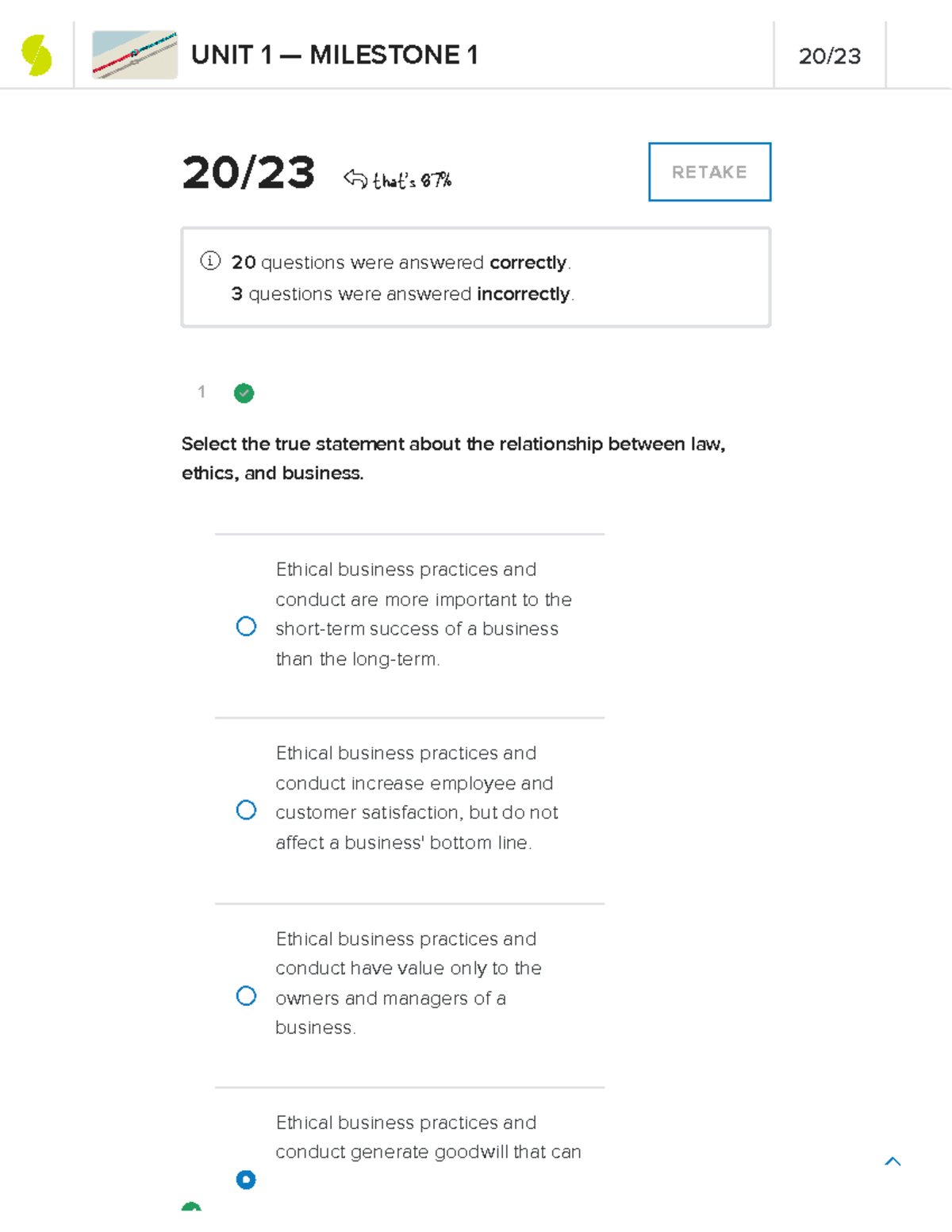 Sophia - Business Law Milestone 1 - 1 20 / 23 that's 87% RETAKE 20 ...