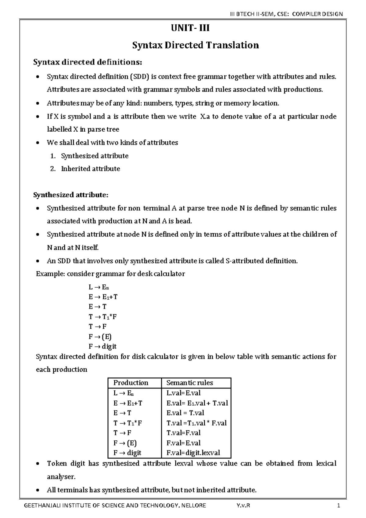 CD UNIT 3 - Compiler design notes - UNIT- III Syntax Directed ...
