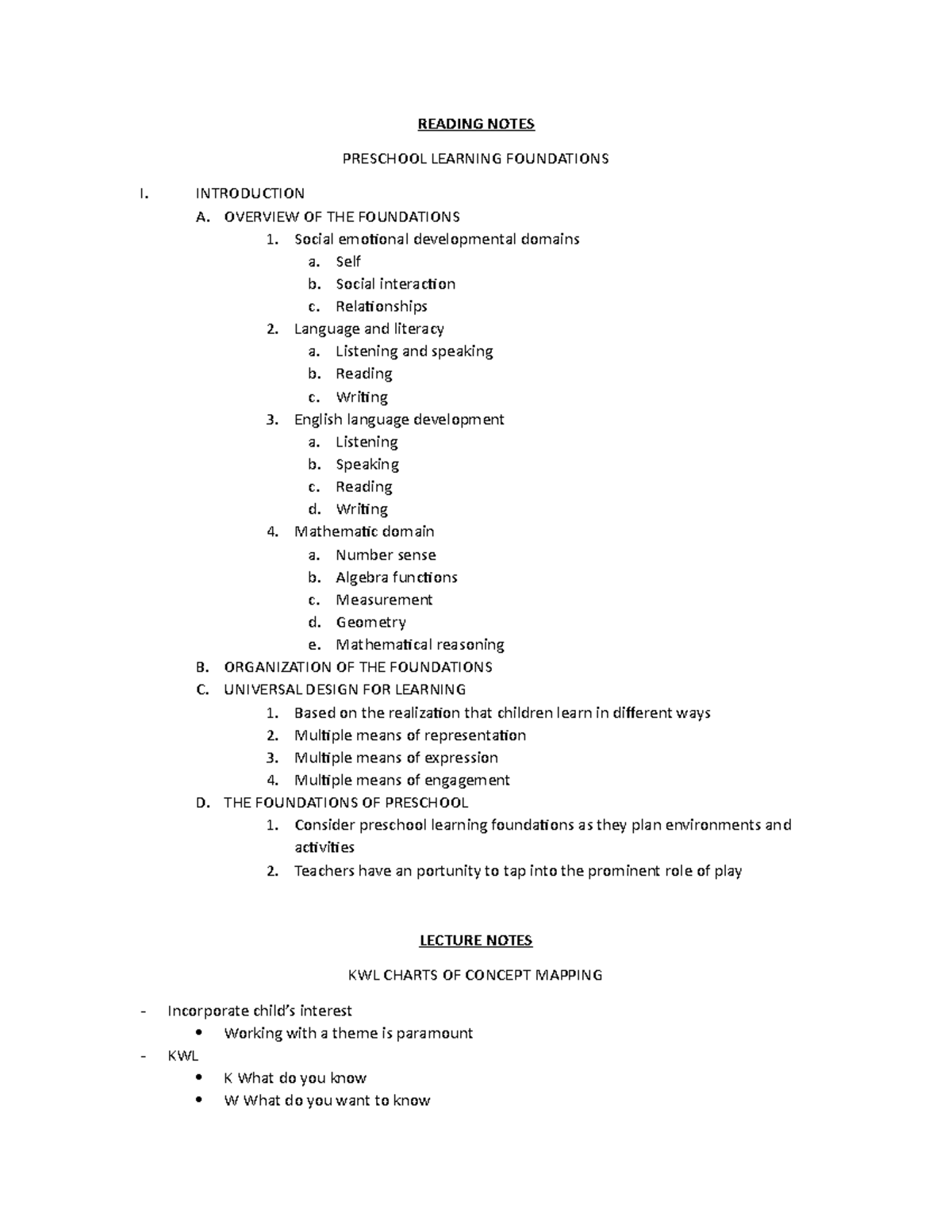 ECE 415 WEEK TWO Notes - READING NOTES PRESCHOOL LEARNING FOUNDATIONS I ...