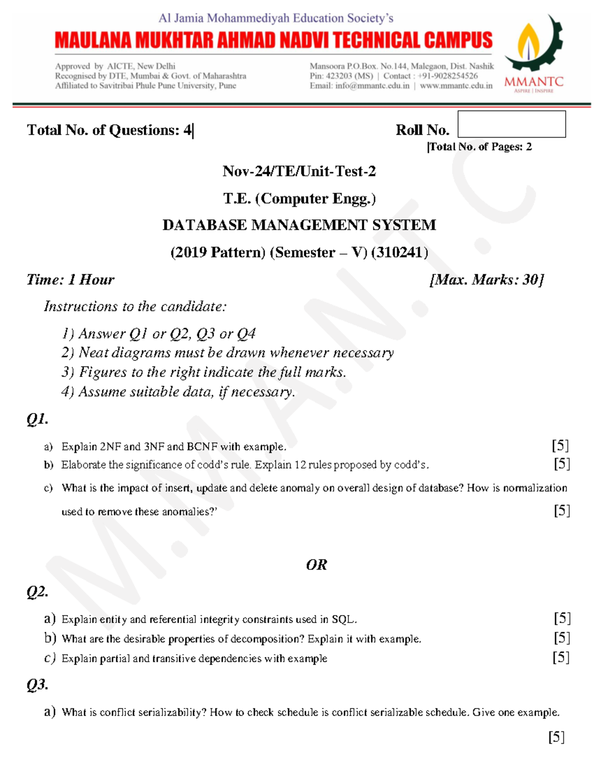 Unit Test2 DMS - Unit test of dbms - Total No. of Questions: 4| Roll No ...