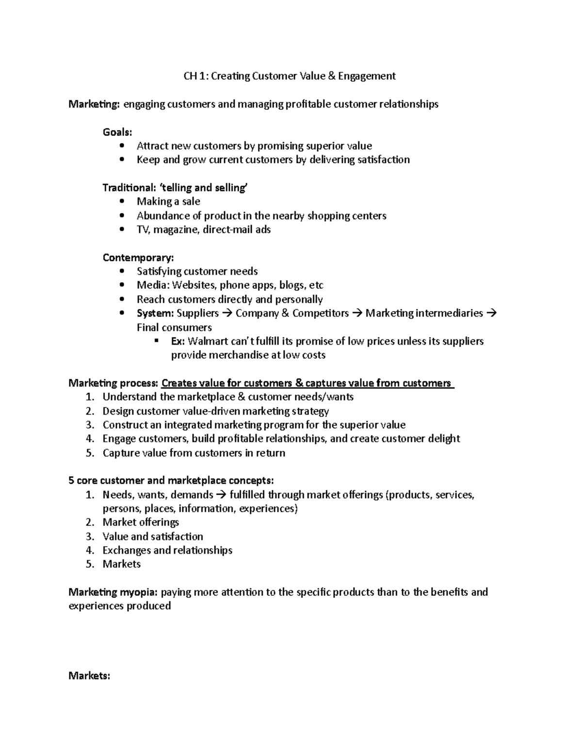 CH 1 - CH 1 notes - CH 1: Creating Customer Value & Engagement ...