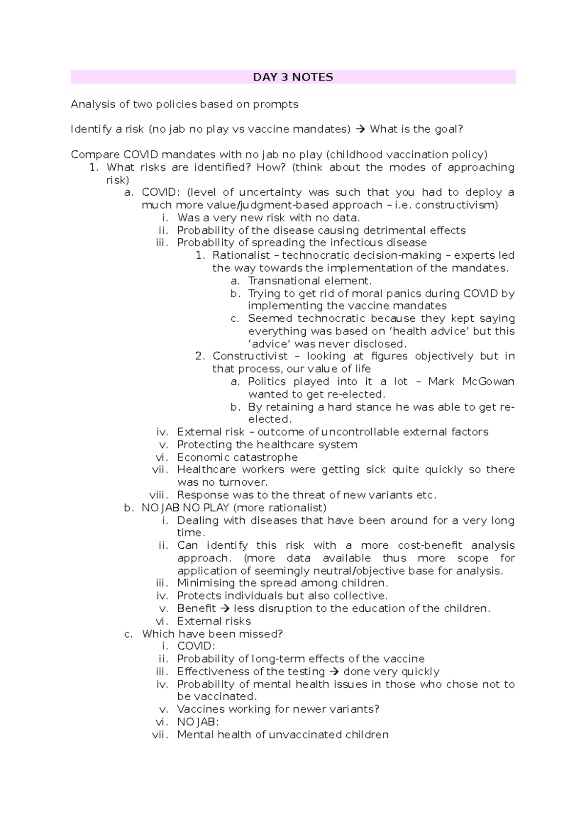 Day 3 Notes - DAY 3 NOTES Analysis of two policies based on prompts ...