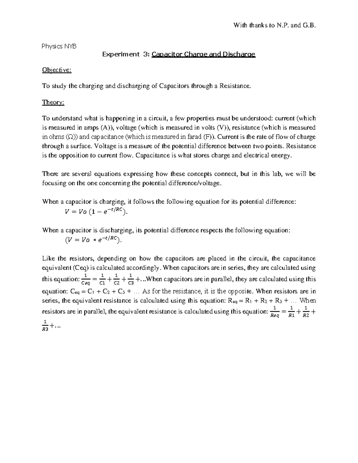 RC Circuits Lab A20 - ... - Physics NYB Experiment 3 : Capacitor Charge and Discharge Objective ...