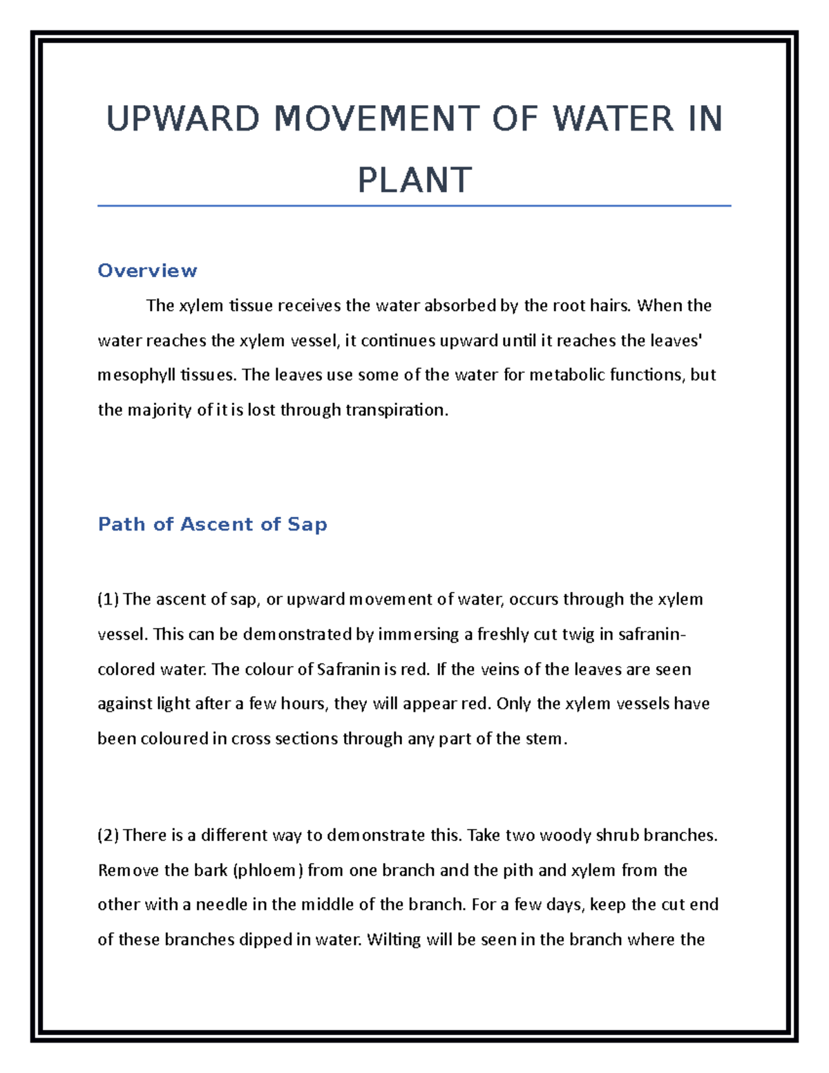 Upward Movement OF Water IN Plant - UPWARD MOVEMENT OF WATER IN PLANT ...